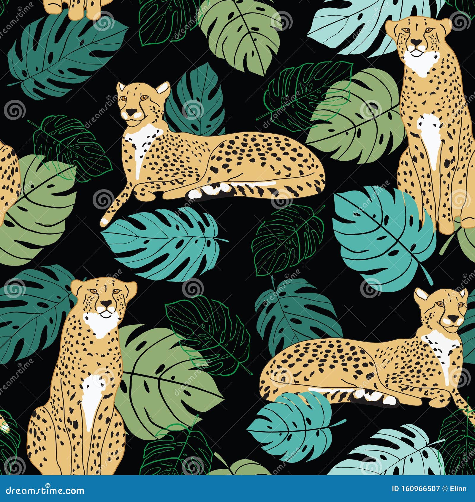 Cheetah Tropical Seamless Pattern on a Black Background Stock ...