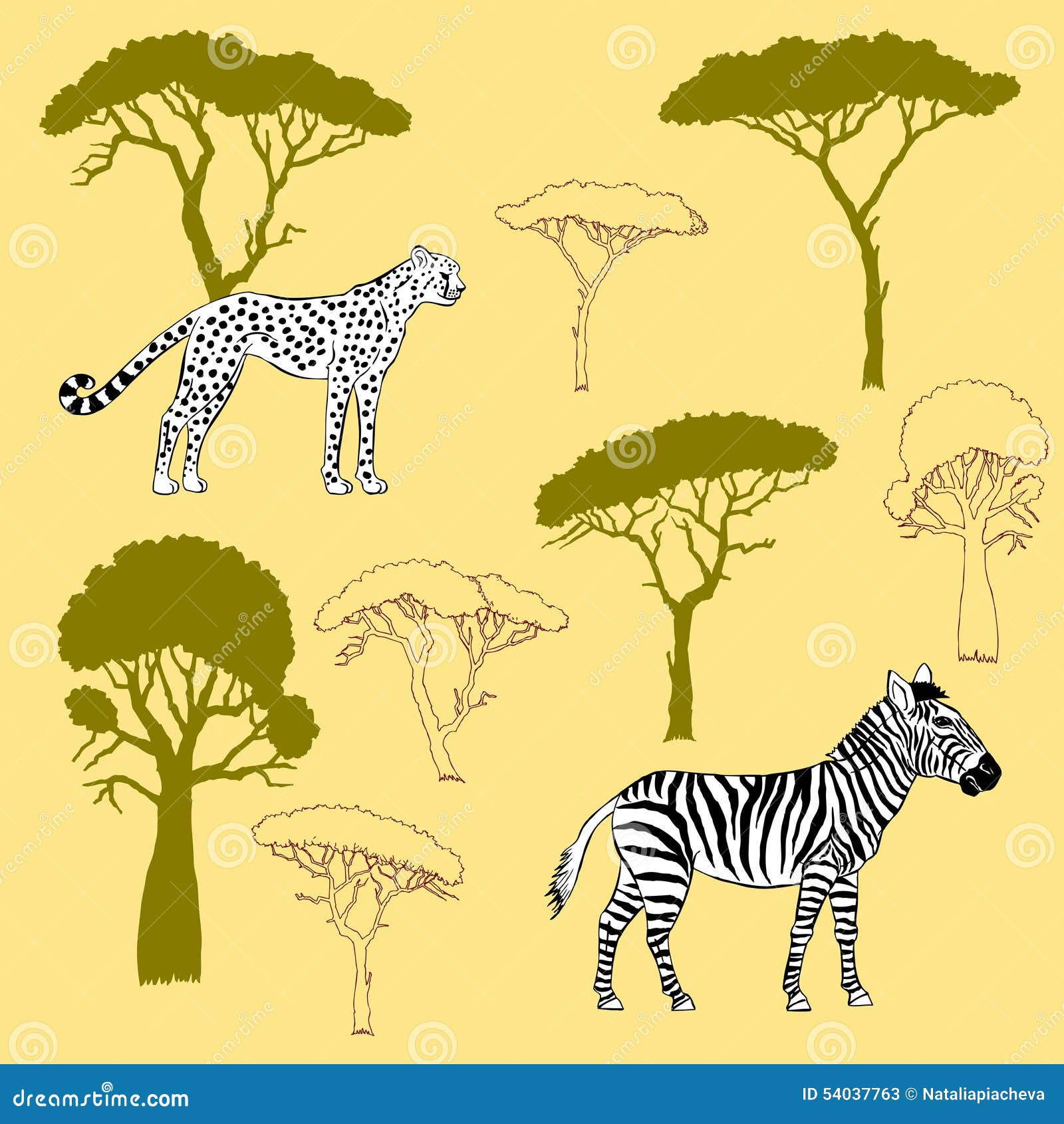 Cheetah, Zebra and Savanna Trees Stock Vector - Illustration of symbol ...