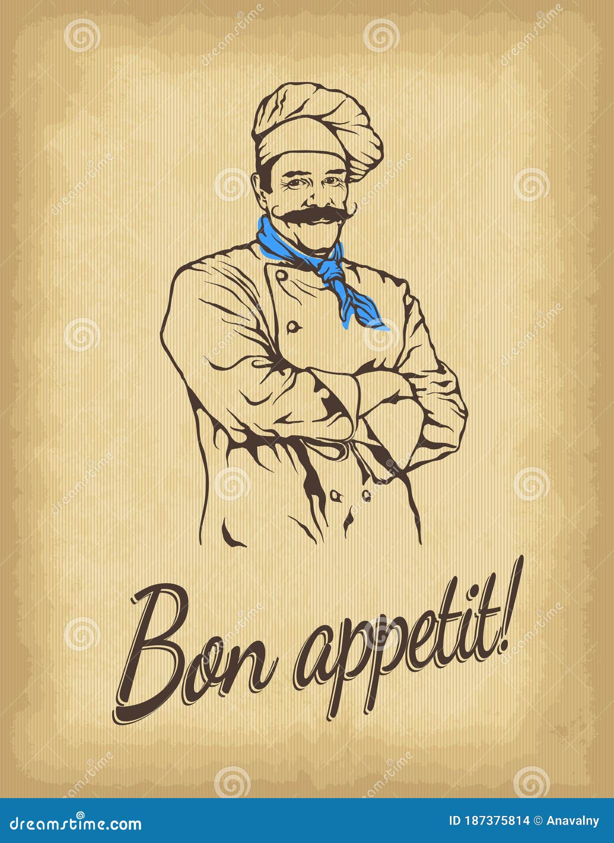 Hand Drawn Chef. Smiling Male Character. Old Paper Background. Bon ...