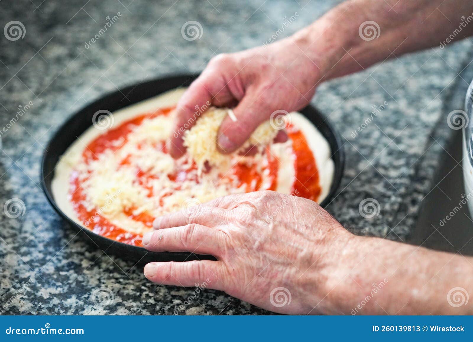 Chef Adding Cheese To Pizza Base Stock Image - Image of kitchen, hands ...