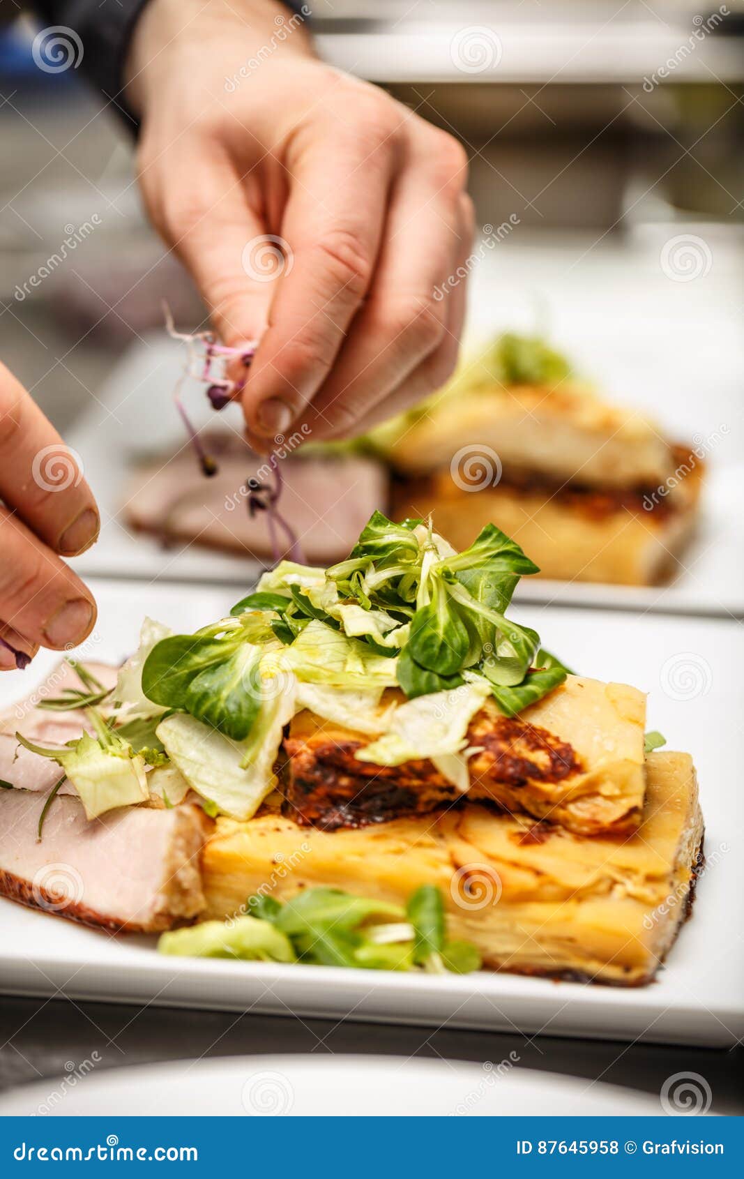 Chef Adding Finishing Touch Stock Photo - Image of closeup, plate: 87645958