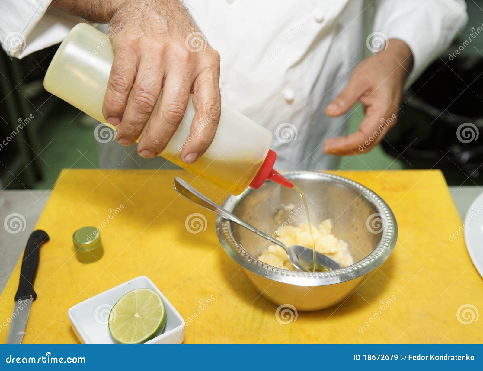 Chef is Adding Olive Oil in Mixing Pan Stock Image - Image of ...