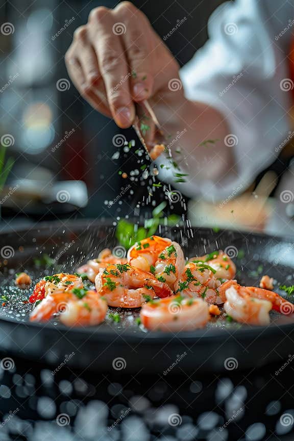A Chef is Adding Salt To Shrimp Cooking in a Pan in a Kitchen Stock ...