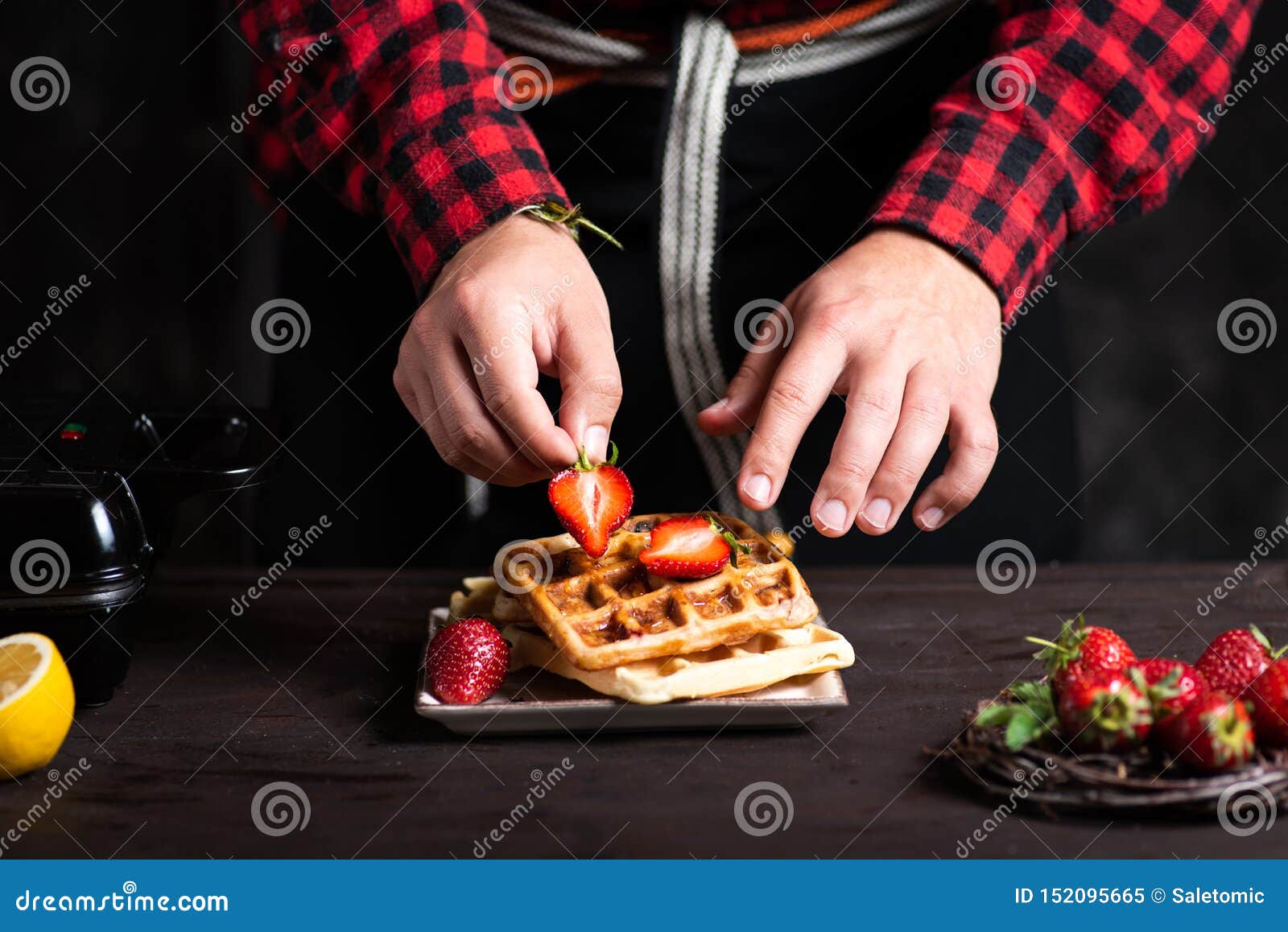 Chef Adding Strawberries on a Waffle Close Up Stock Image - Image of ...