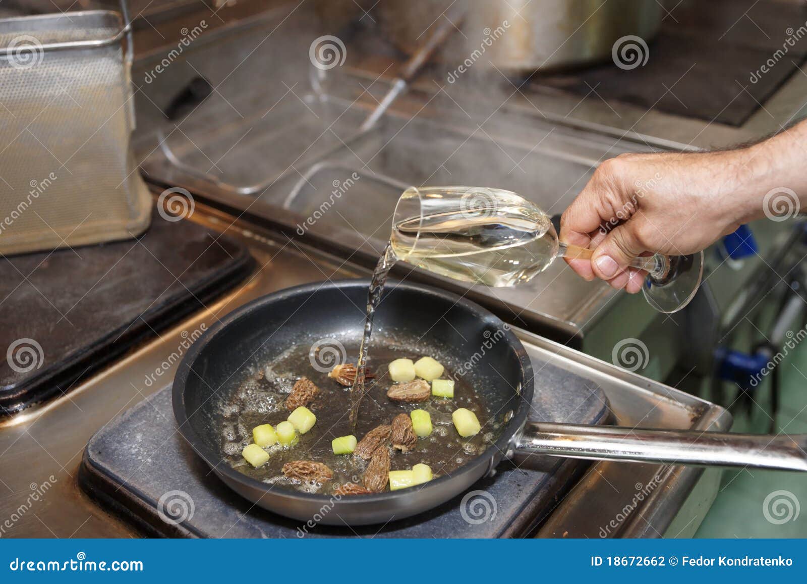 Chef is Adding White Wine in Pan Stock Photo - Image of pouring, cook ...