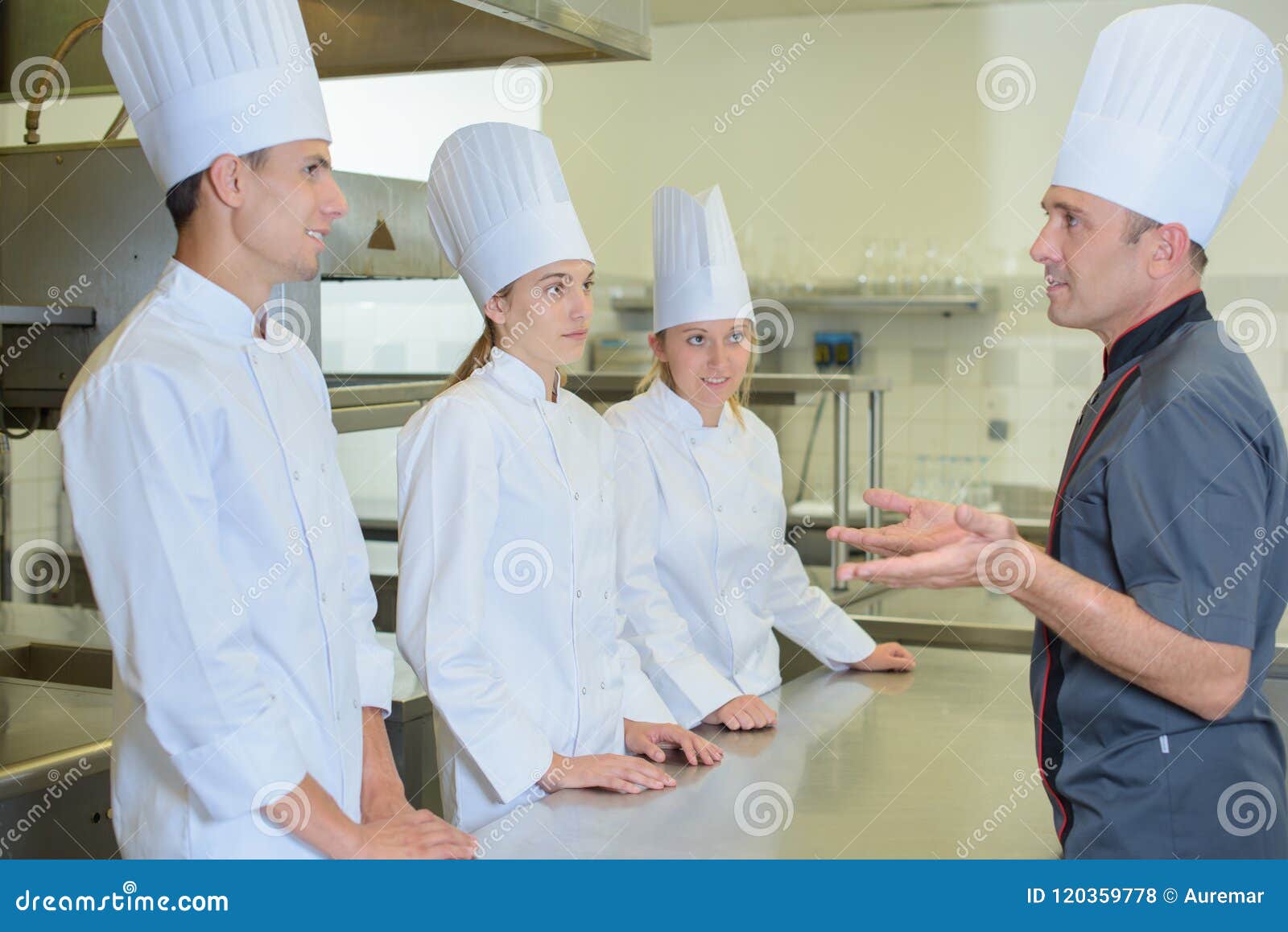 Chef Addressing Trainee Cooks Stock Photo - Image of female, address ...