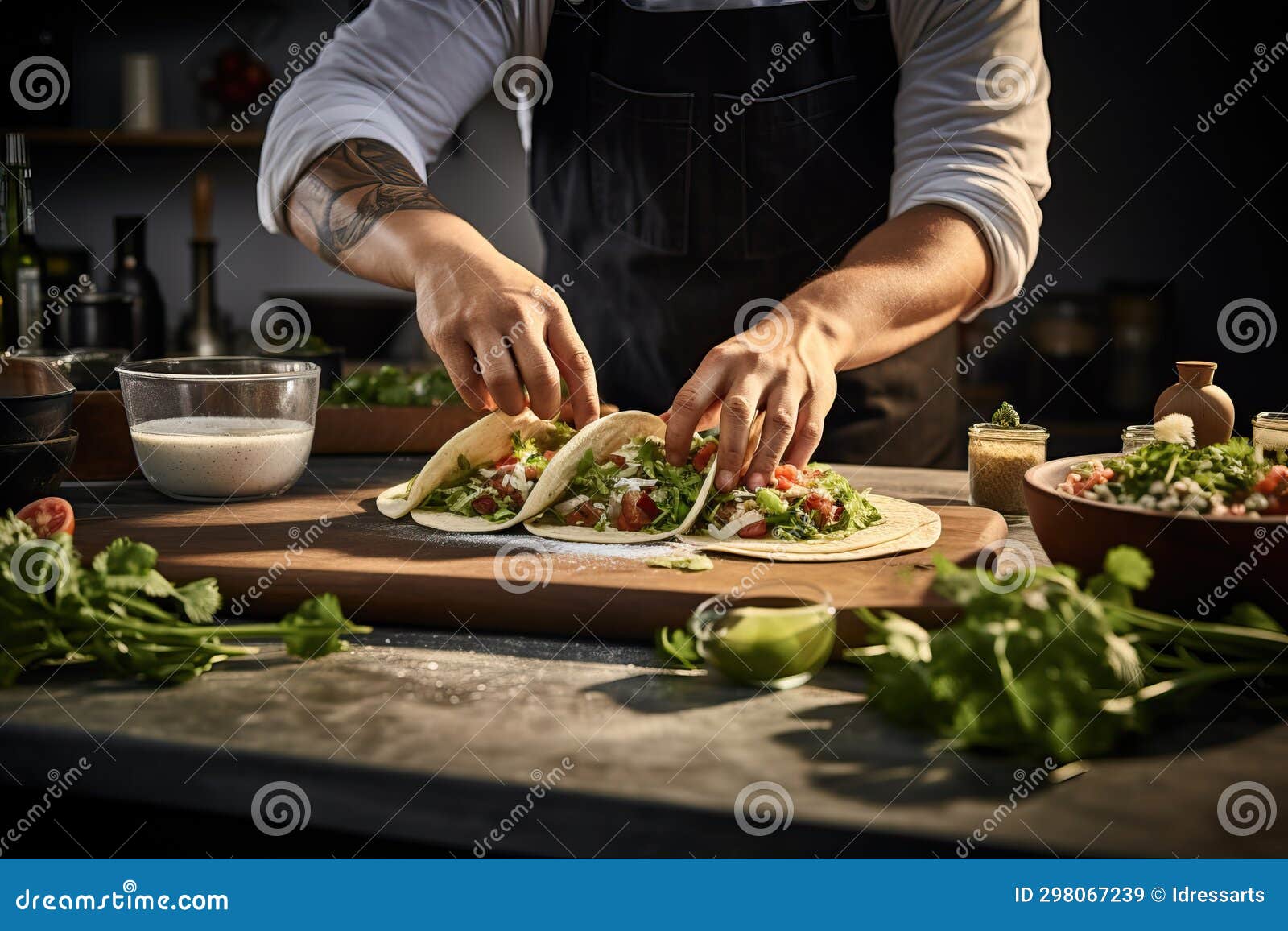 Chef Assembling a Gourmet Taco with Unique Ingredients, Capturing the ...