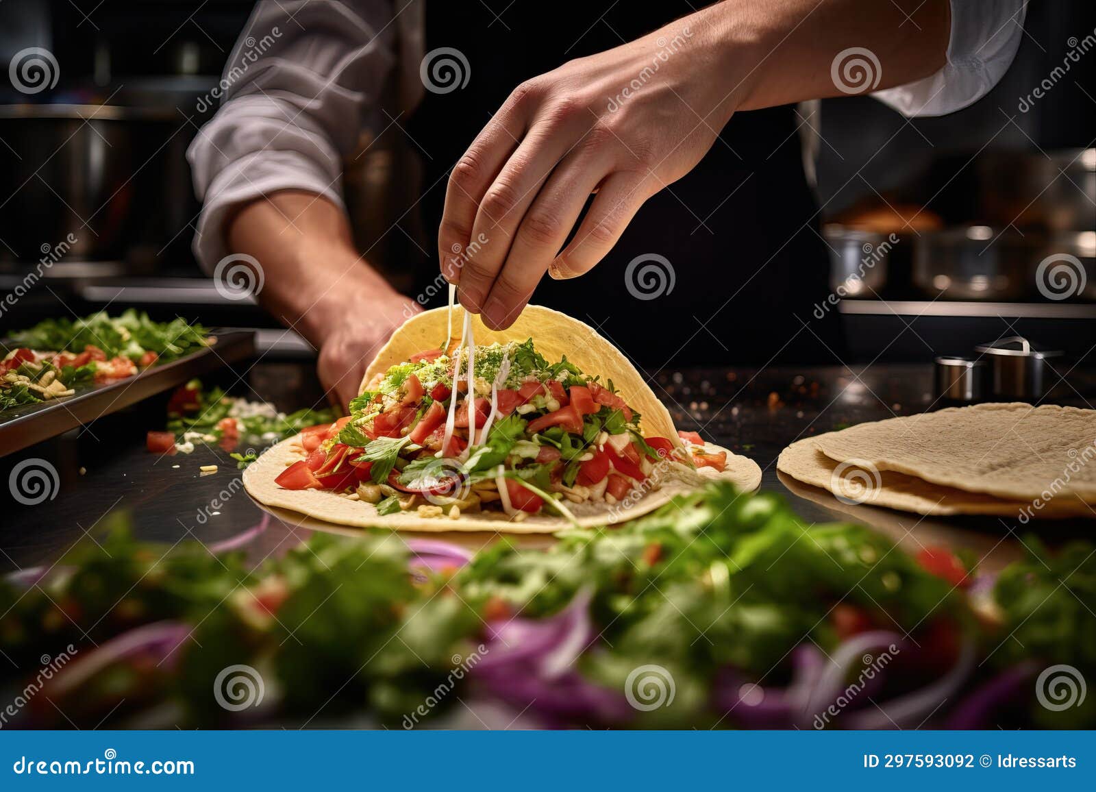 Chef Assembling a Gourmet Taco with Unique Ingredients, Capturing the ...