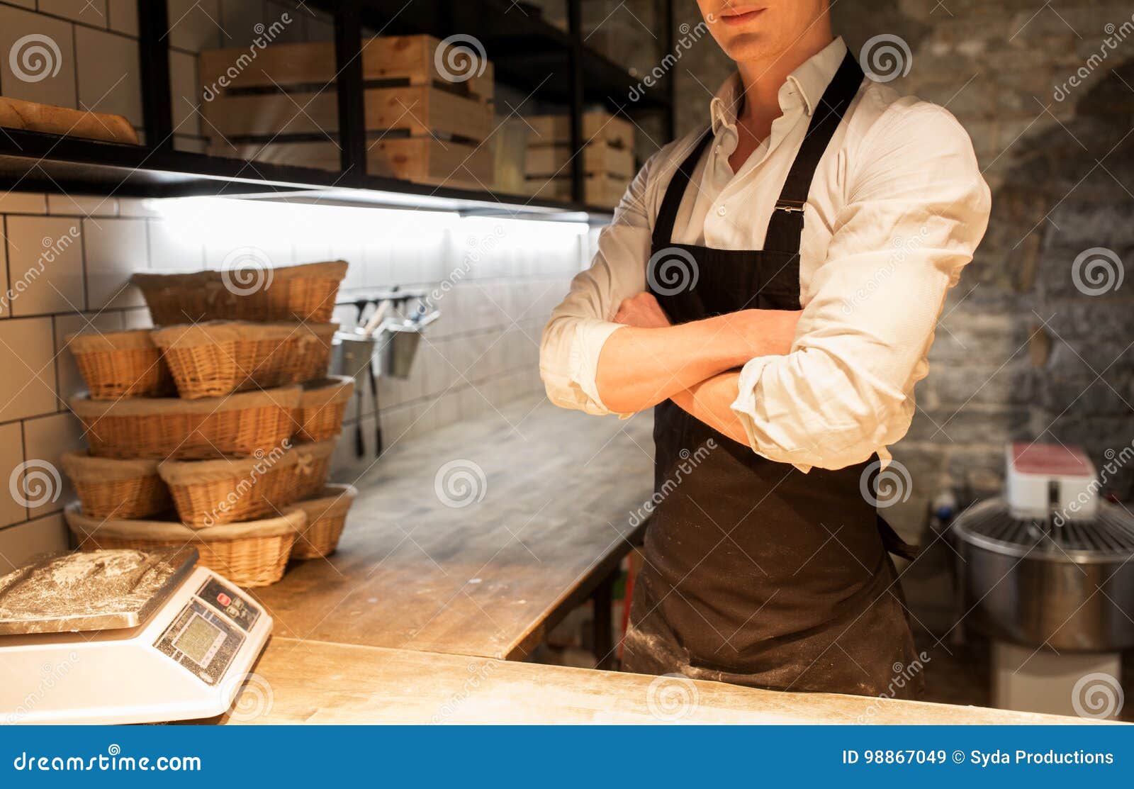 Chef or Baker in Apron at Bakery Kitchen Stock Image - Image of making ...