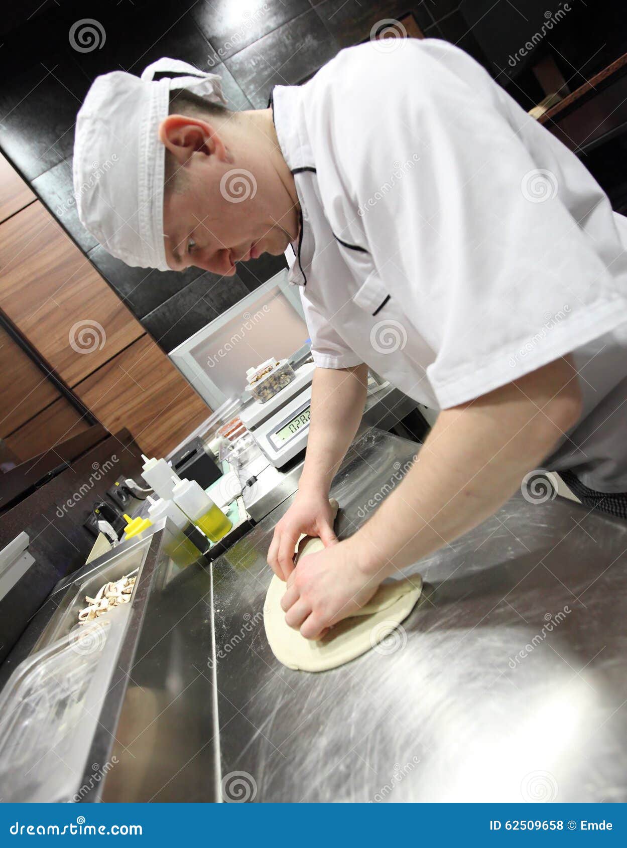 Chef Baker in White Uniform Making Pizza at Kitchen Stock Photo - Image ...