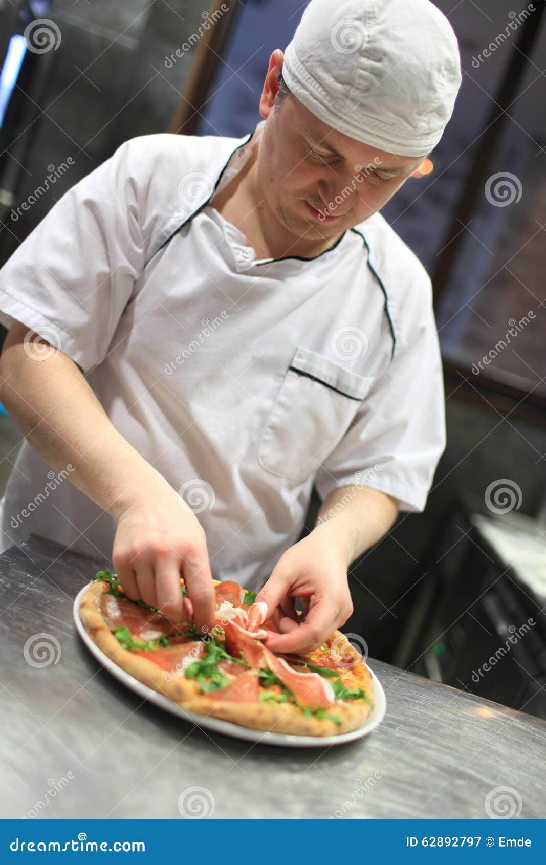 Chef Baker in White Uniform Making Pizza at Kitchen Stock Image - Image ...
