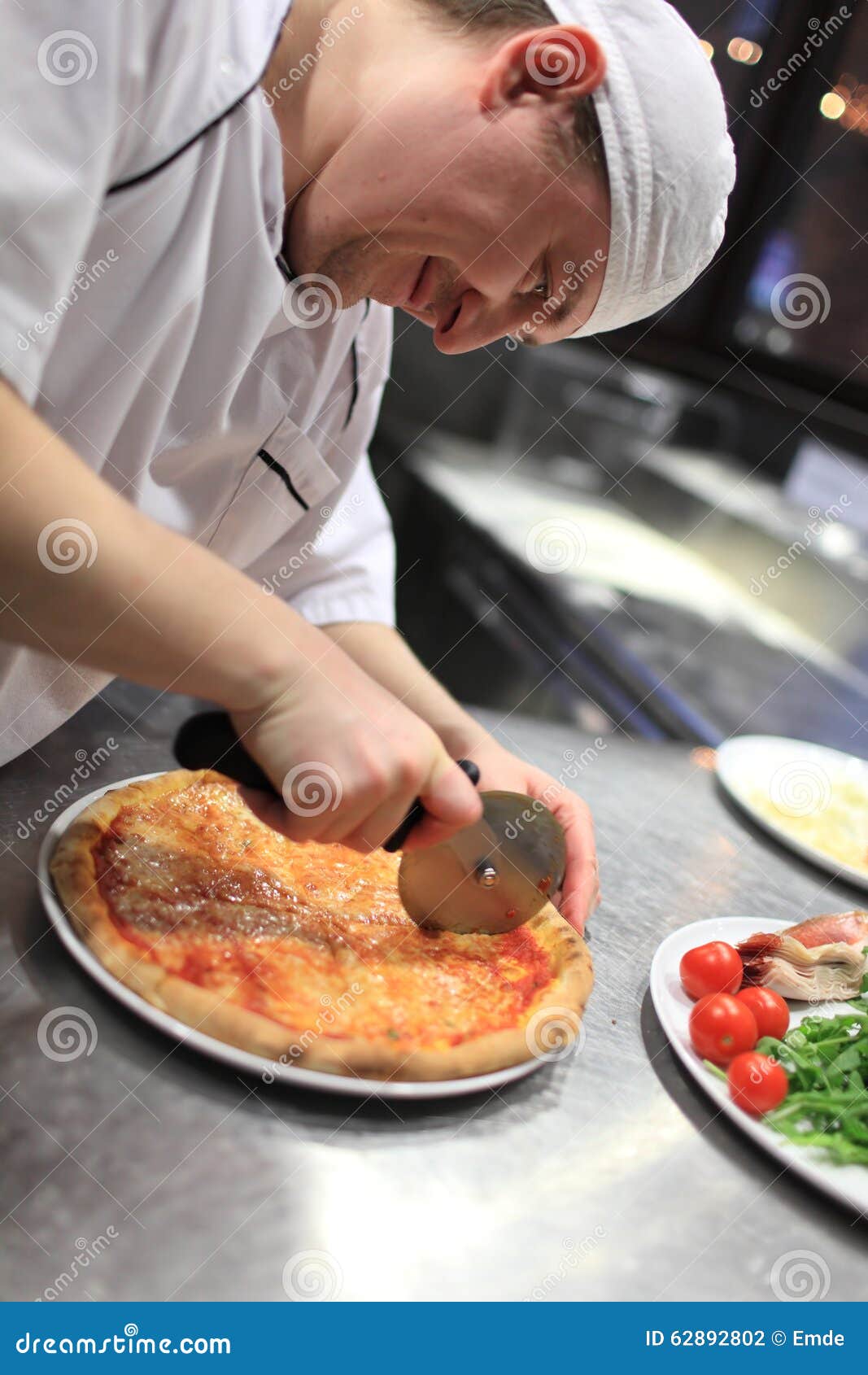 Chef Baker in White Uniform Making Pizza at Kitchen Stock Photo - Image ...