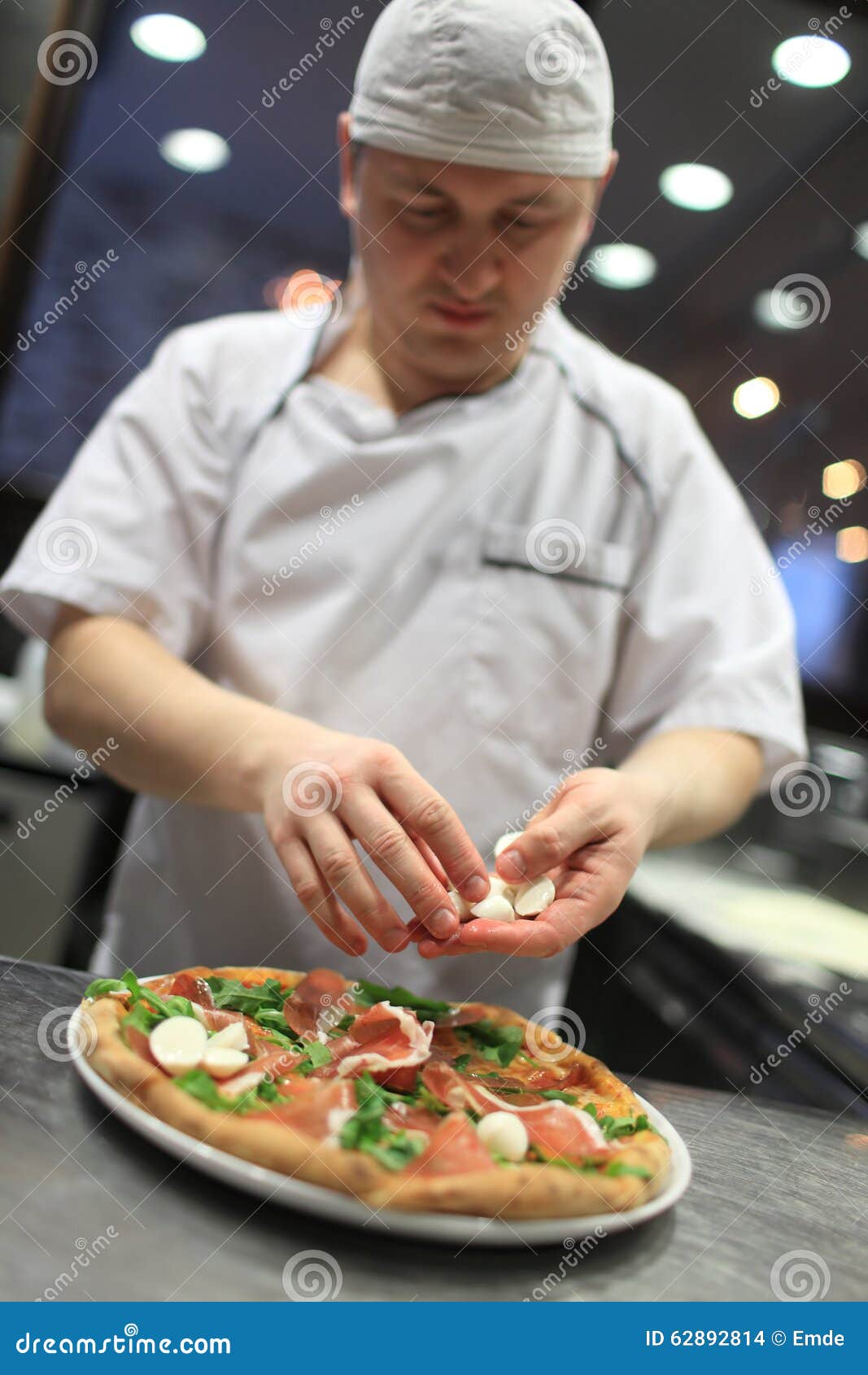 Chef Baker in White Uniform Making Pizza at Kitchen Stock Photo - Image ...