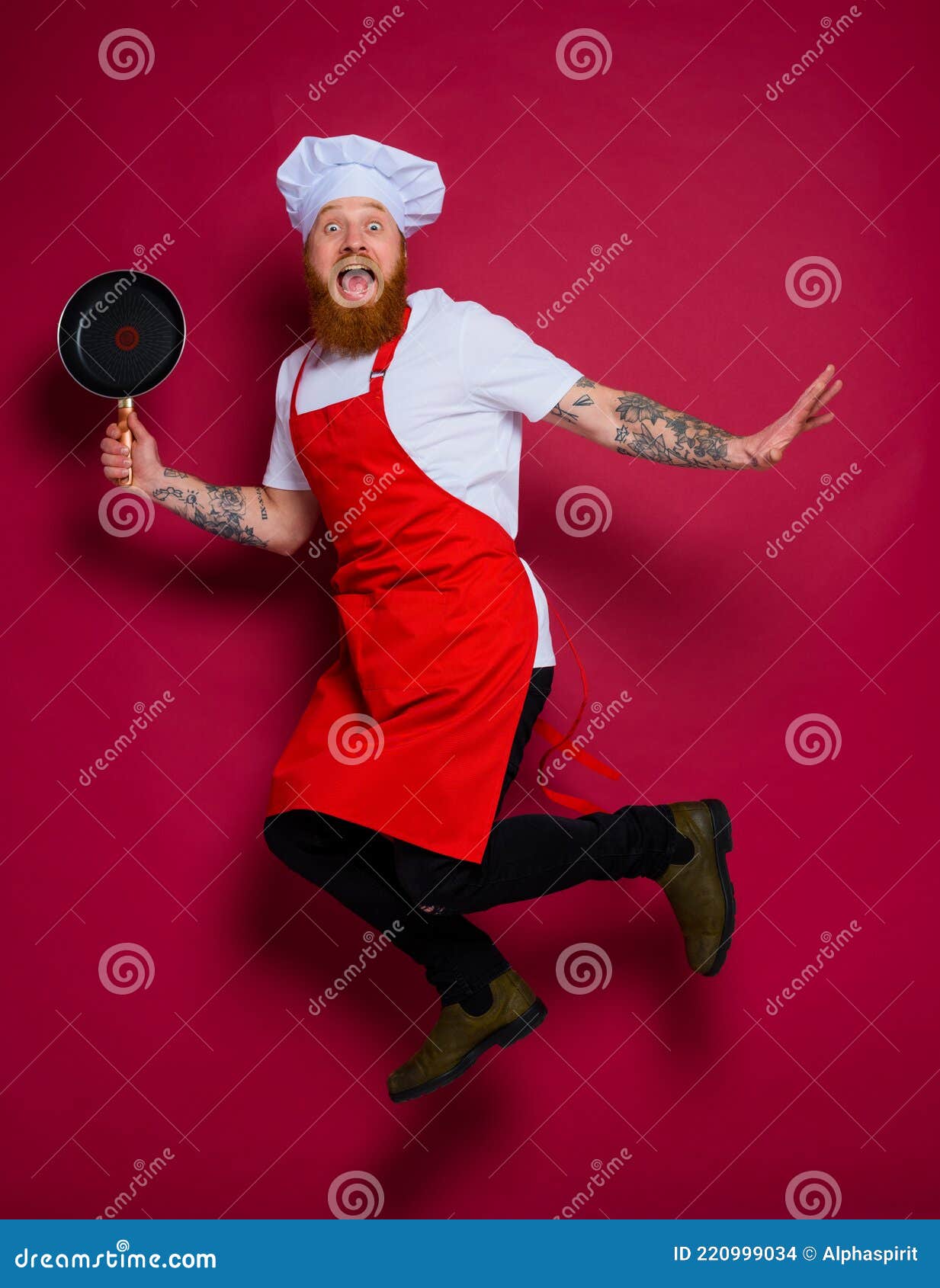 Scared Chef with Beard and Red Apron Jumps Stock Photo - Image of ...