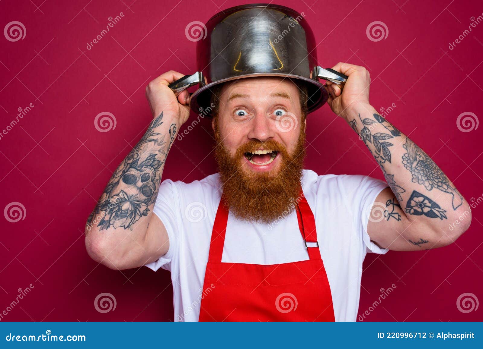 Happy Chef with Beard and Red Apron Plays with Pot Stock Photo - Image ...