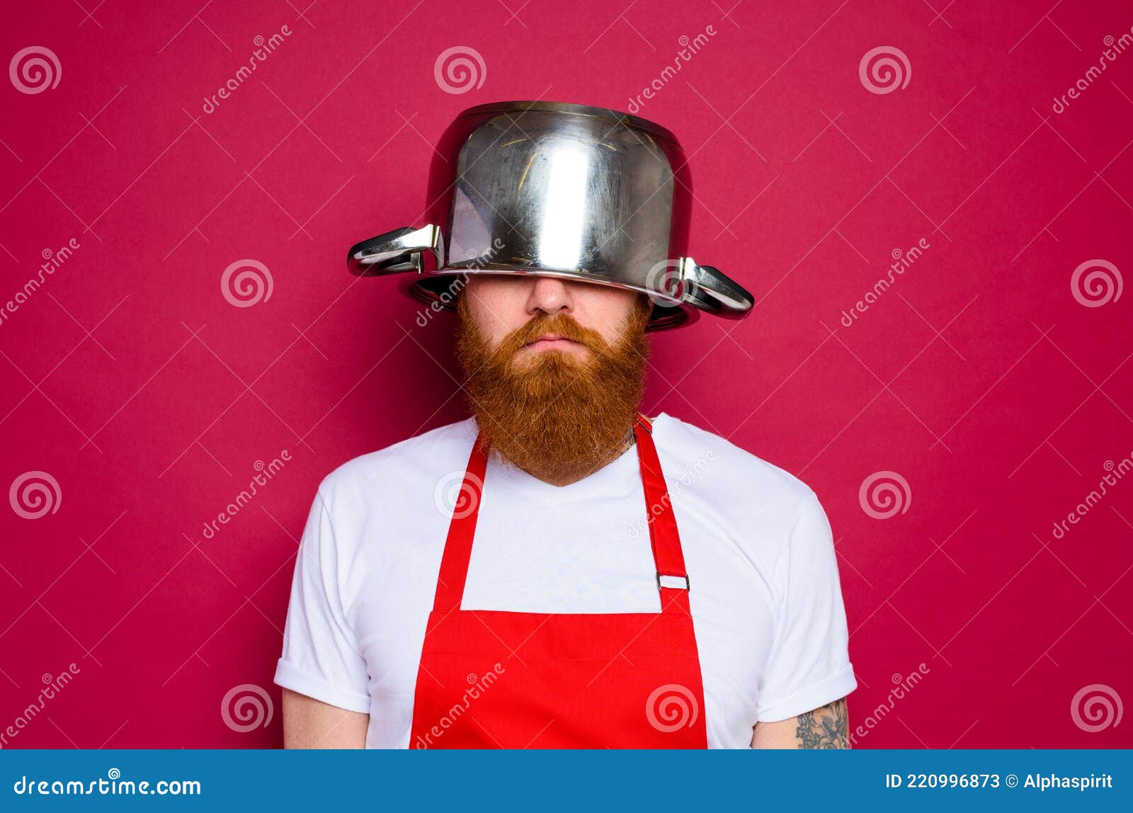 Unhappy Chef with Beard and Red Apron Plays with Pot Stock Image ...