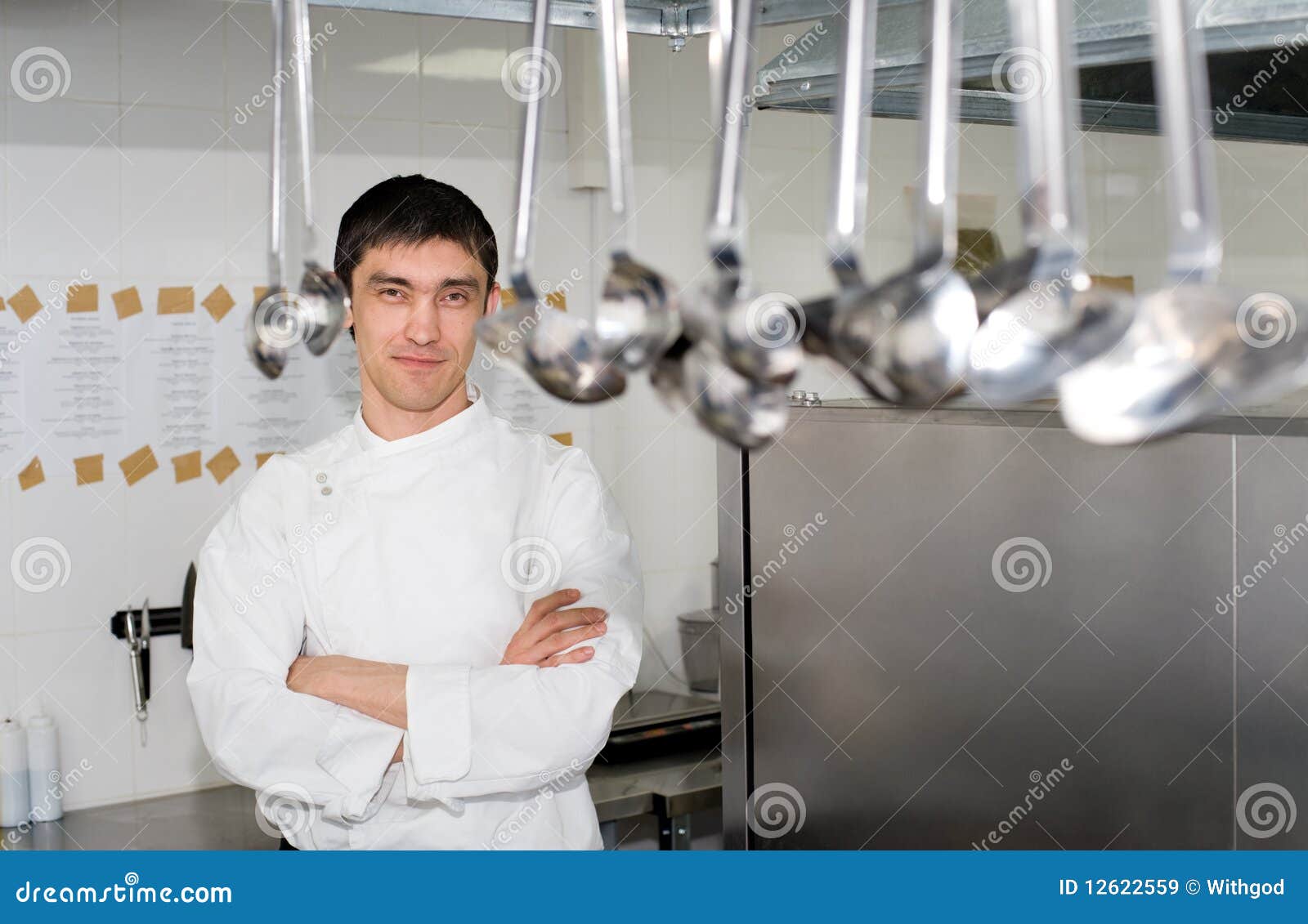 Chef behind ladles stock image. Image of short, male - 12622559