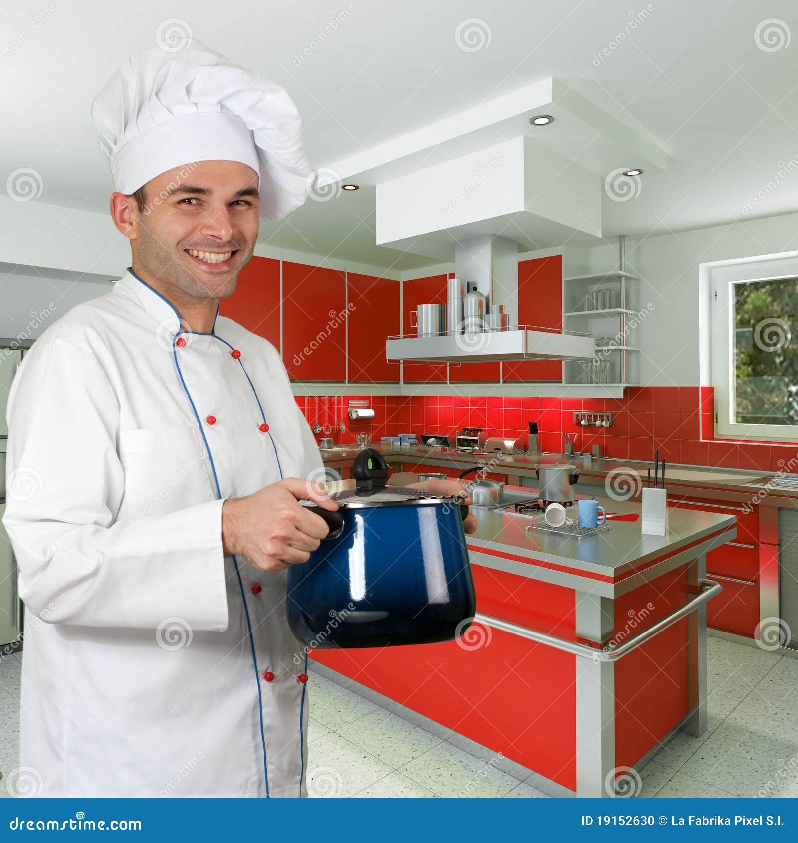 Chef in blue kitchen stock photo. Image of cheerful, restaurant - 19152630