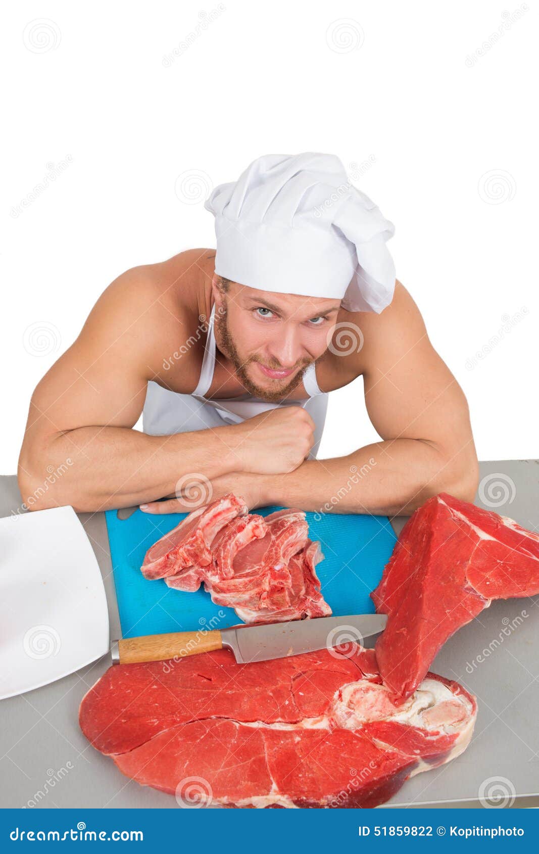 Chef Bodybuilder Preparing Large Chunks of Raw Stock Photo - Image of ...