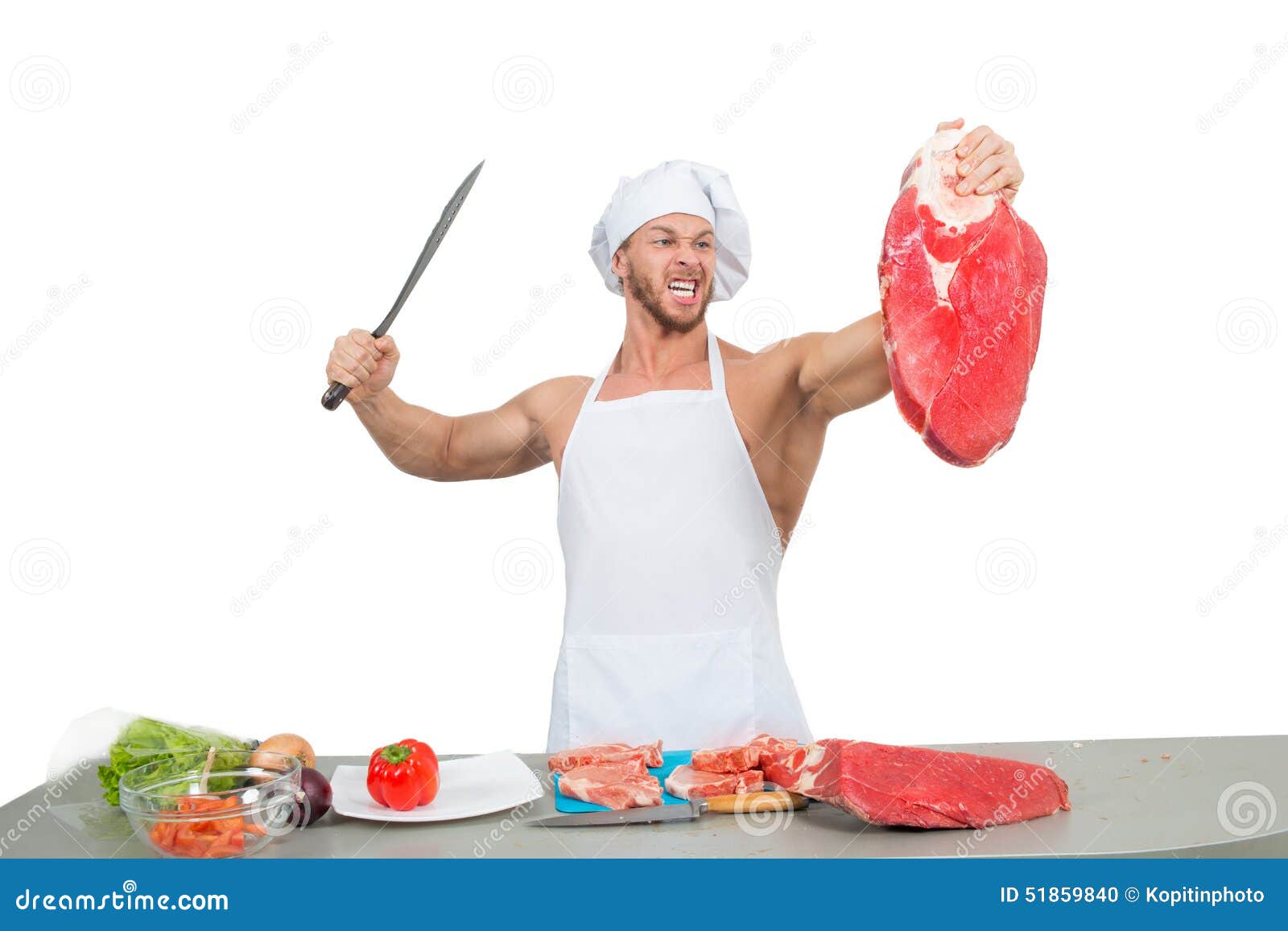 Chef Bodybuilder Preparing Large Chunks of Raw Stock Photo - Image of ...