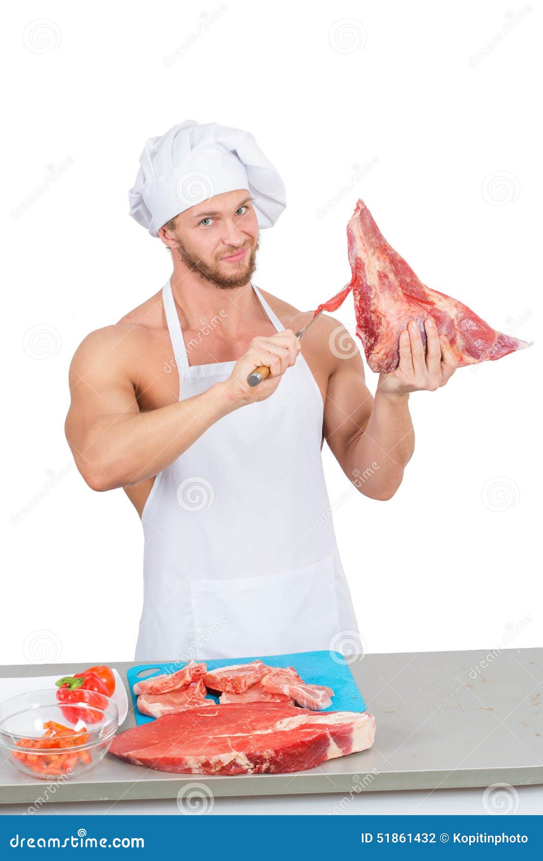 Chef Bodybuilder Preparing Large Chunks of Raw Stock Photo - Image of ...