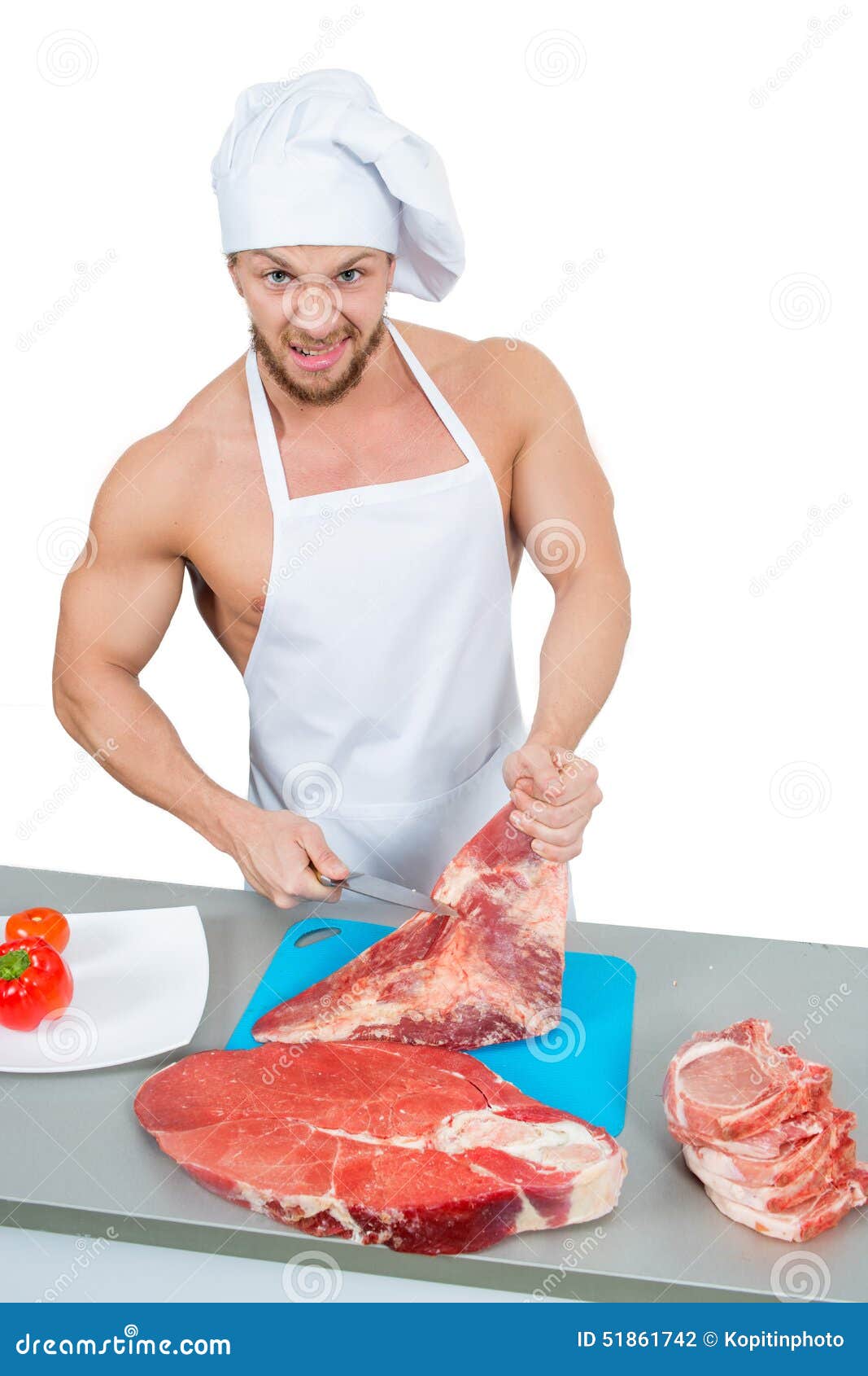 Chef Bodybuilder Preparing Large Chunks of Raw Stock Photo - Image of ...