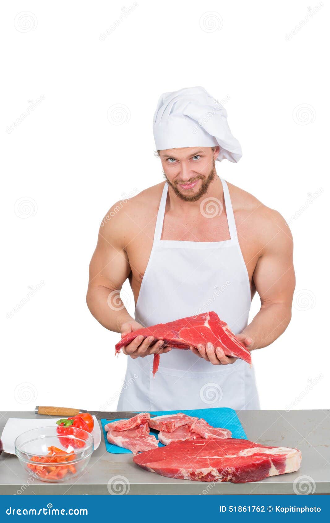 Chef Bodybuilder Preparing Large Chunks of Raw Stock Photo - Image of ...
