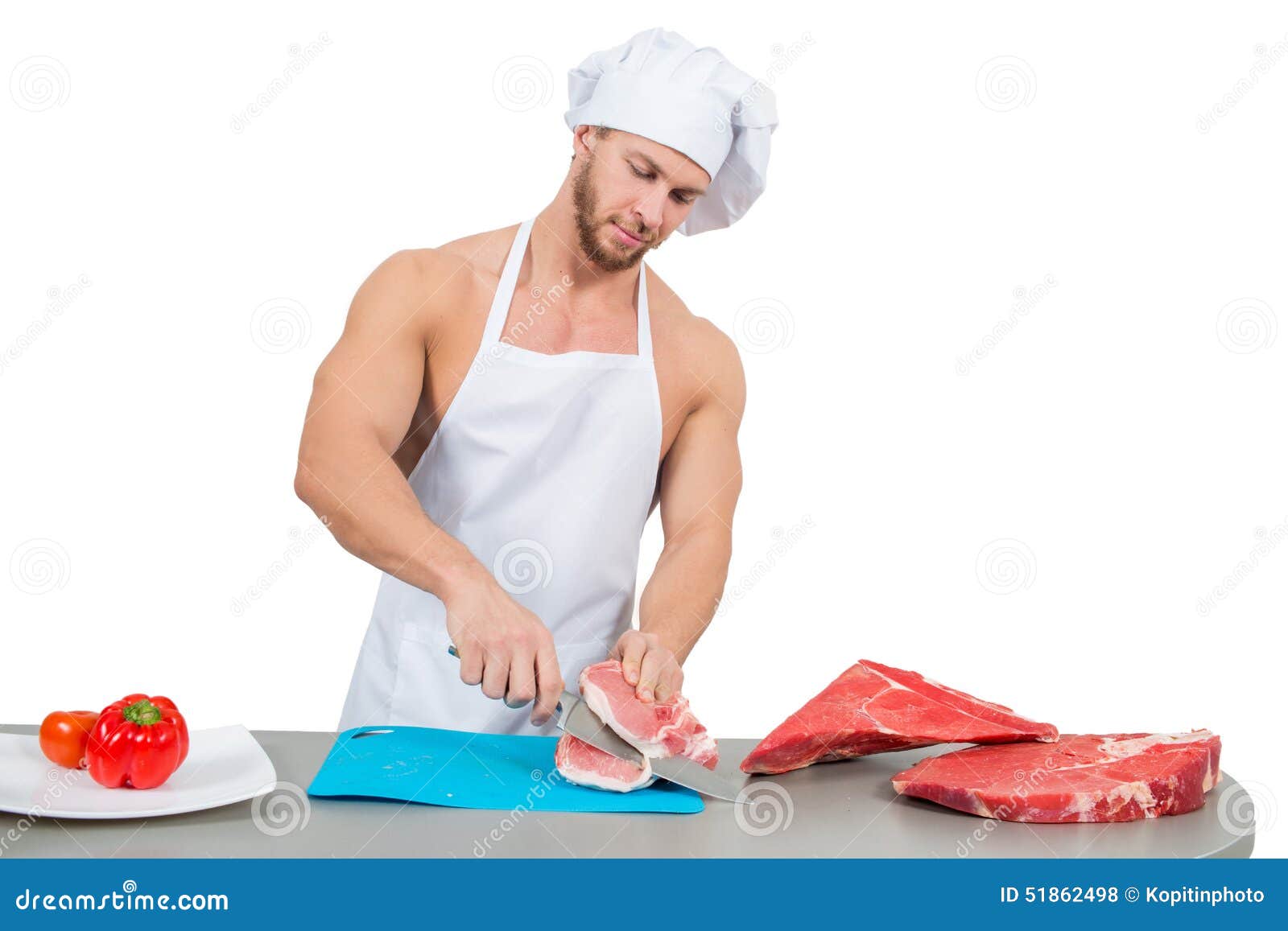 Chef Bodybuilder Preparing Large Chunks of Raw Stock Photo - Image of ...