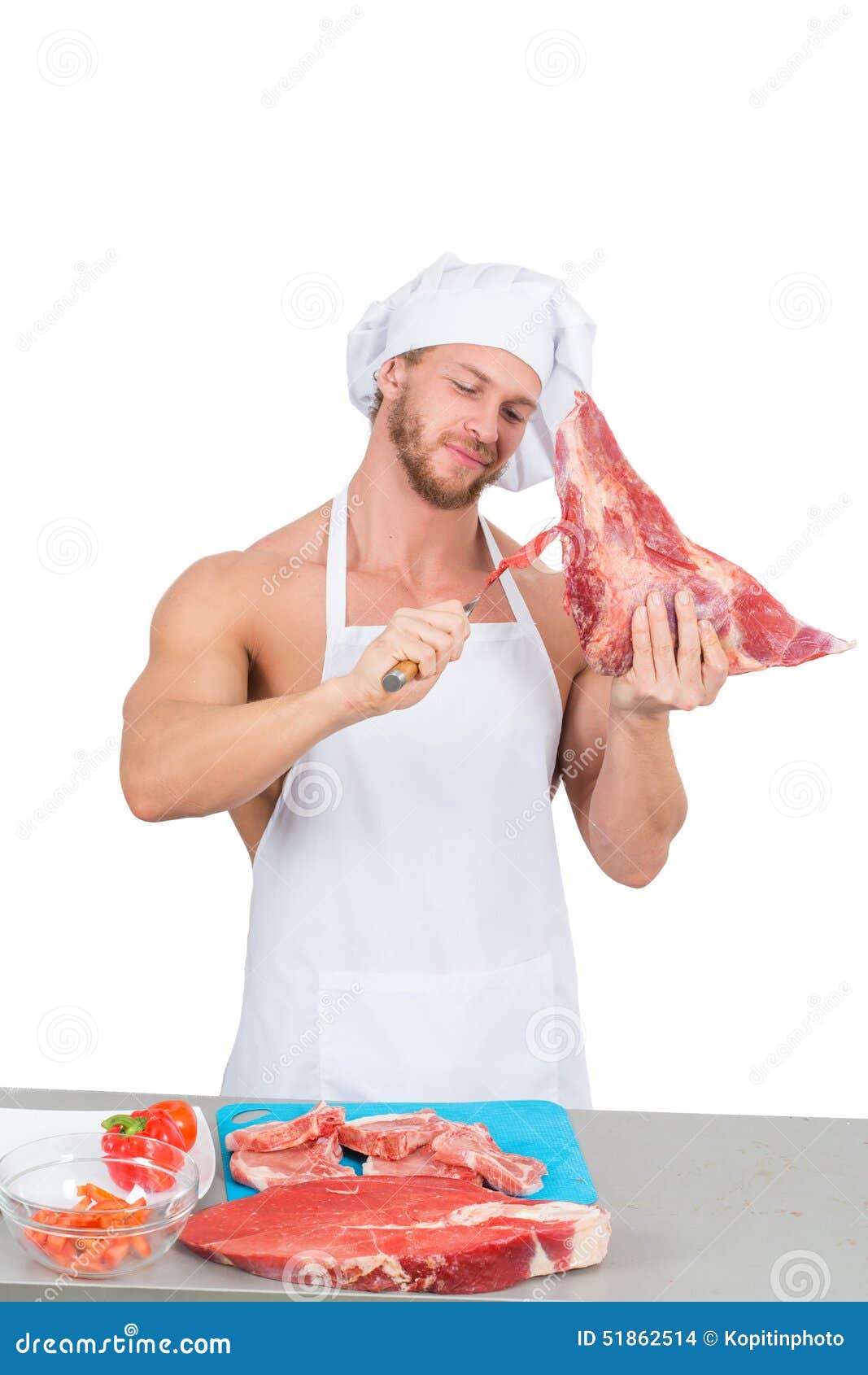 Chef Bodybuilder Preparing Large Chunks of Raw Stock Photo - Image of ...