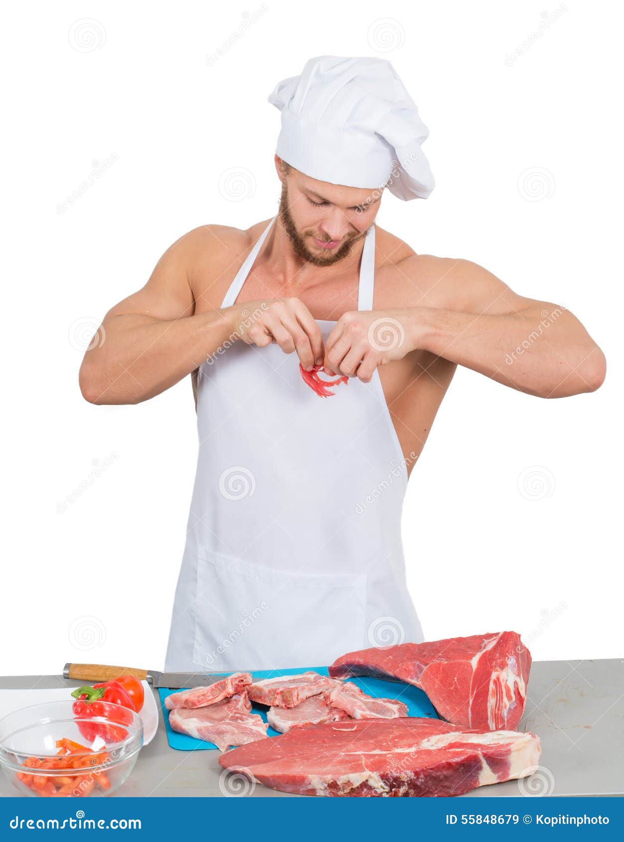 Chef Bodybuilder Preparing Large Chunks of Raw Stock Image - Image of ...