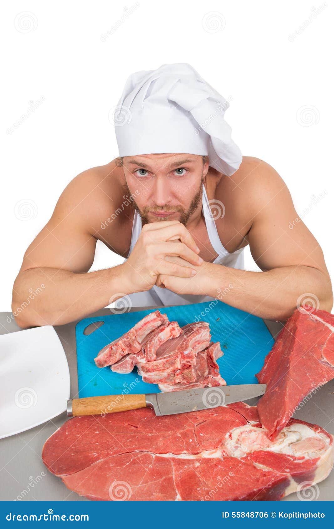 Chef Bodybuilder Preparing Large Chunks of Raw Stock Photo - Image of ...