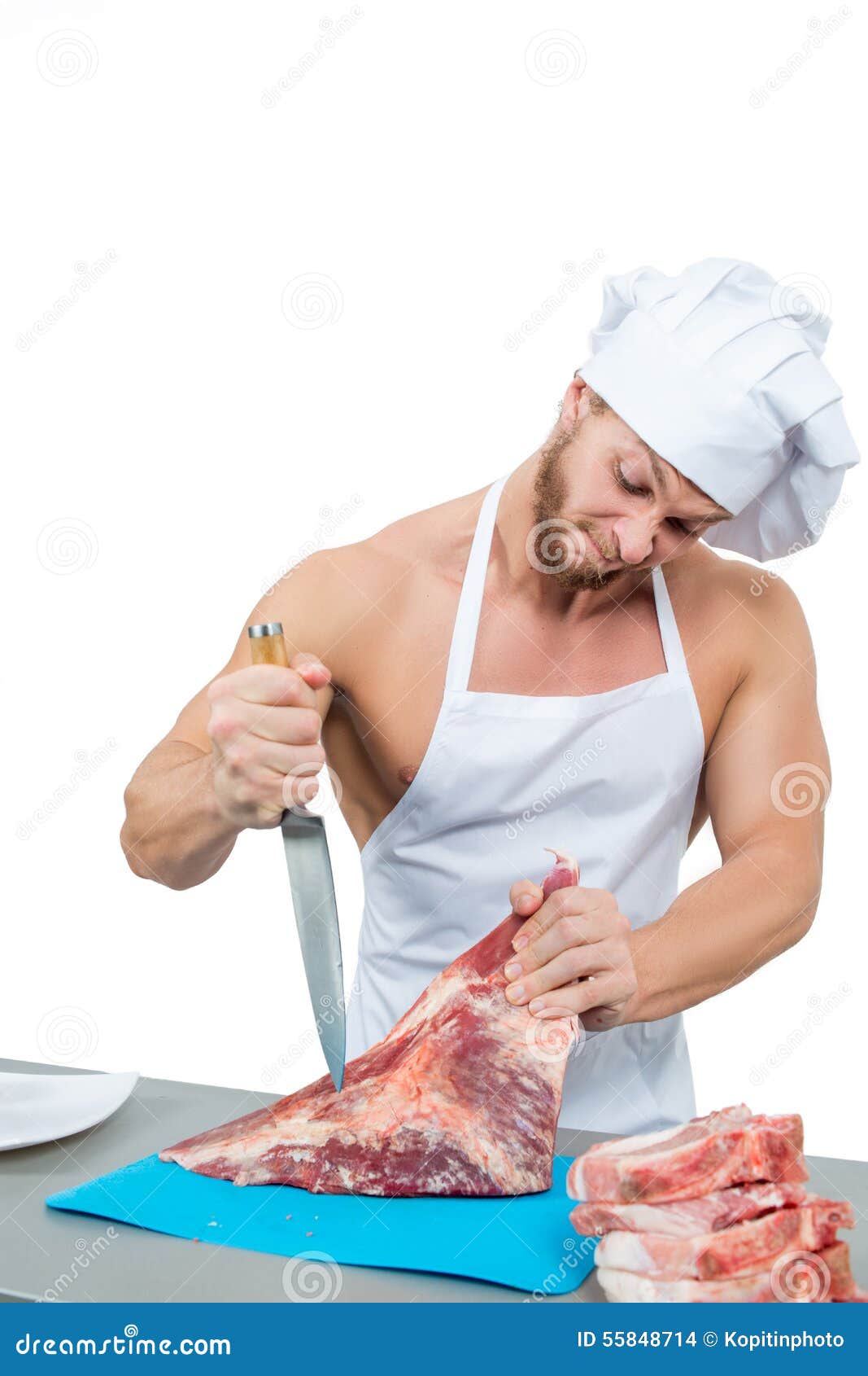 Chef Bodybuilder Preparing Large Chunks of Raw Stock Photo - Image of ...