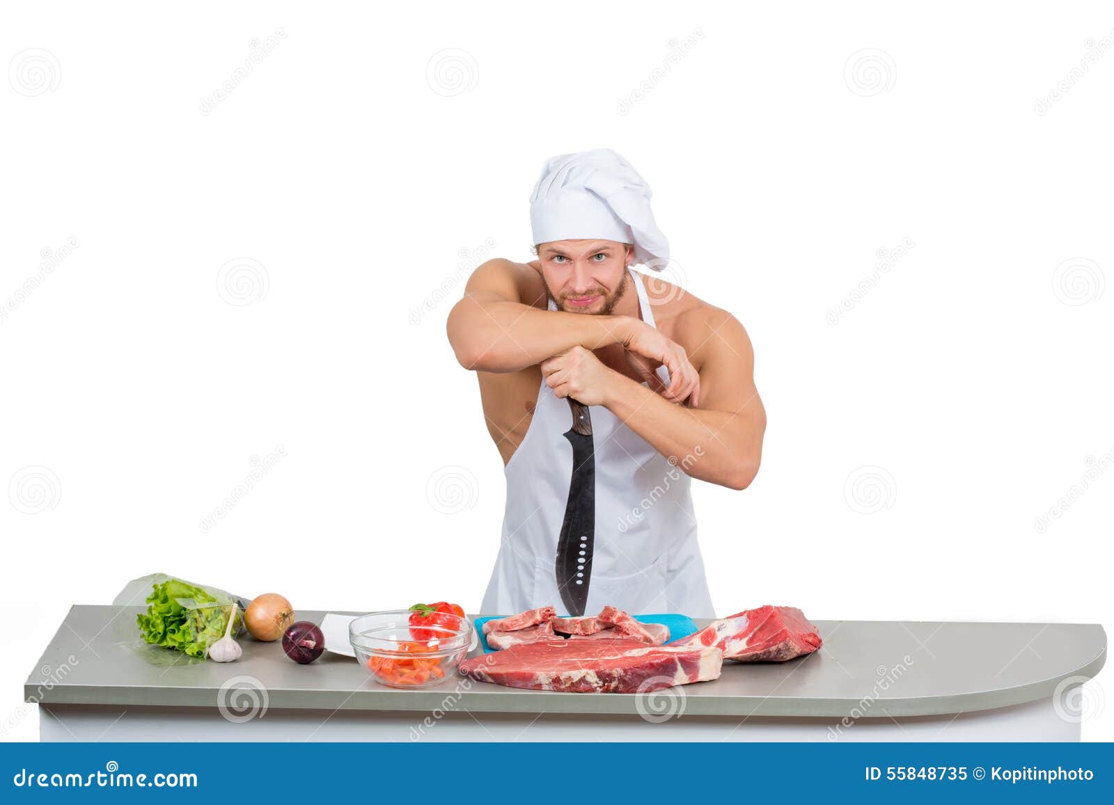 Chef Bodybuilder Preparing Large Chunks of Raw Stock Image - Image of ...