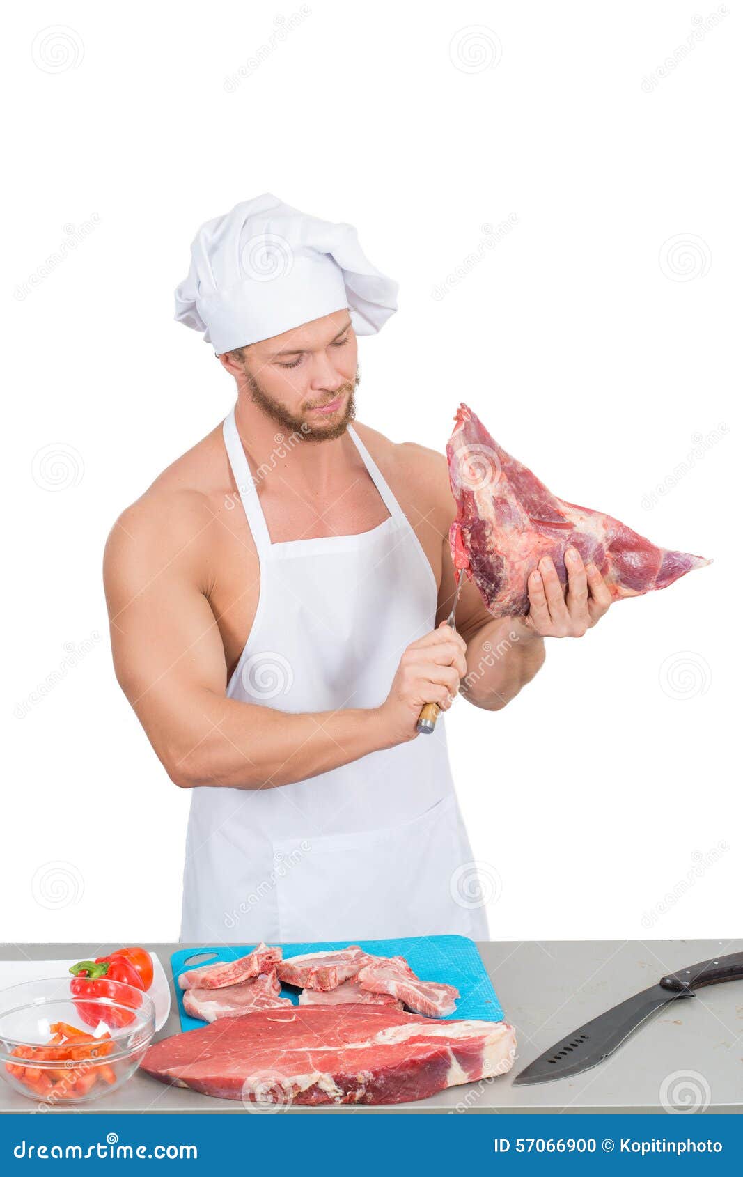 Chef Bodybuilder Preparing Large Chunks of Raw Stock Photo - Image of ...