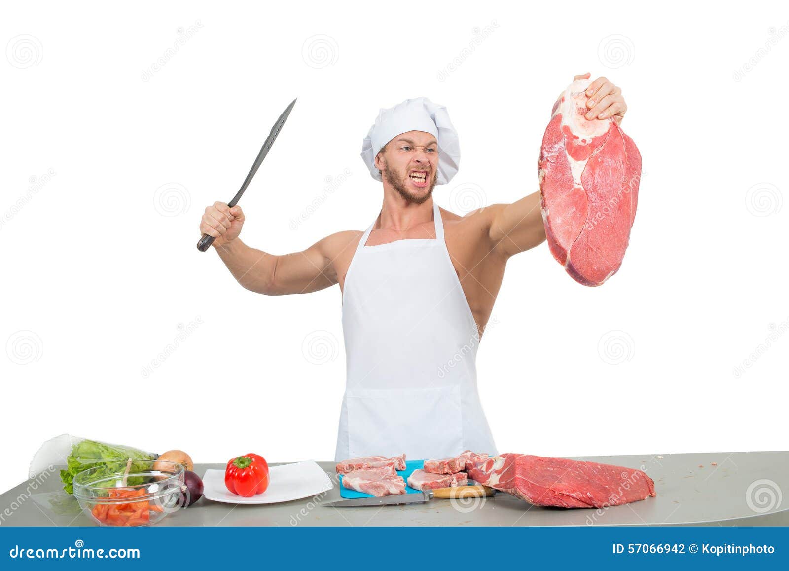 Chef Bodybuilder Preparing Large Chunks of Raw Stock Photo - Image of ...