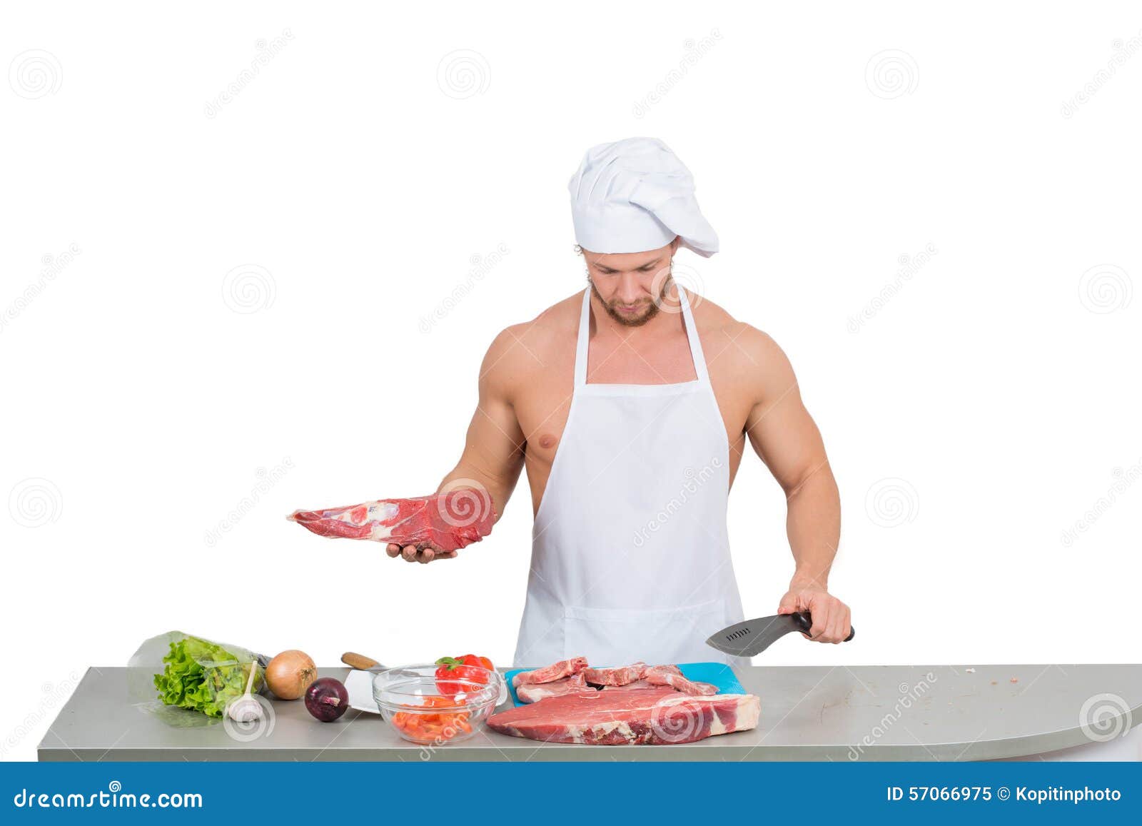Chef Bodybuilder Preparing Large Chunks of Raw Stock Image - Image of ...