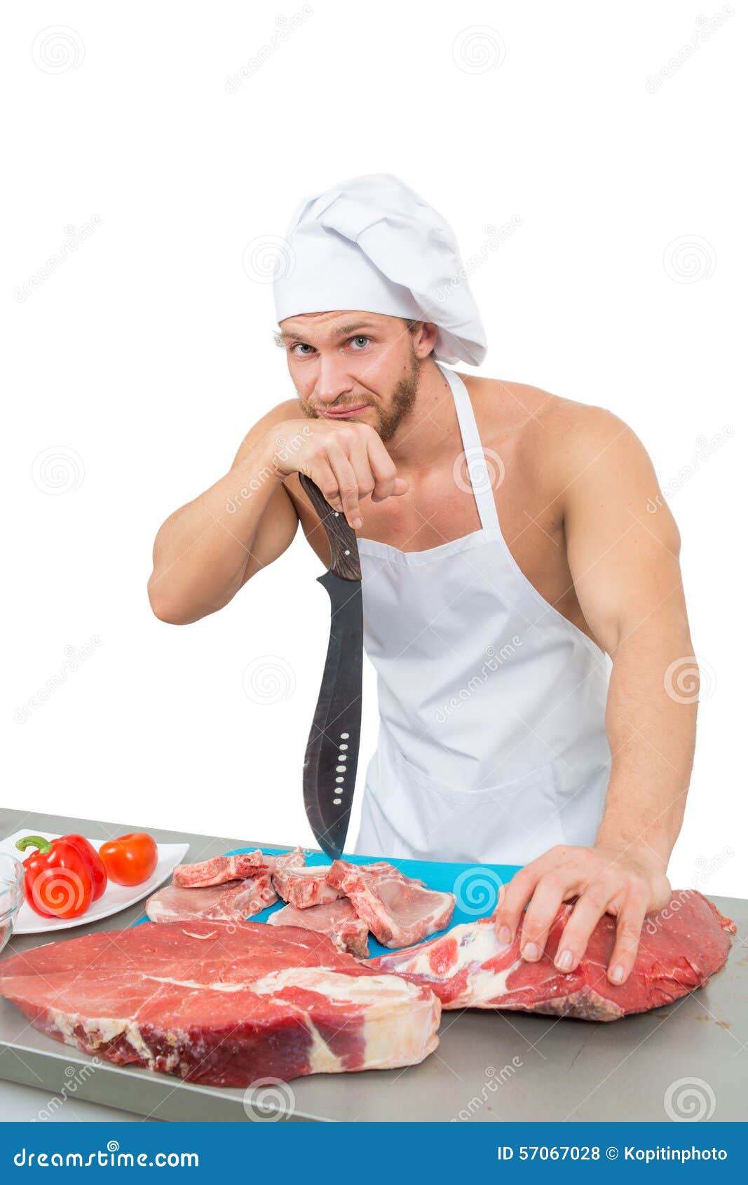 Chef Bodybuilder Preparing Large Chunks of Raw Stock Photo - Image of ...