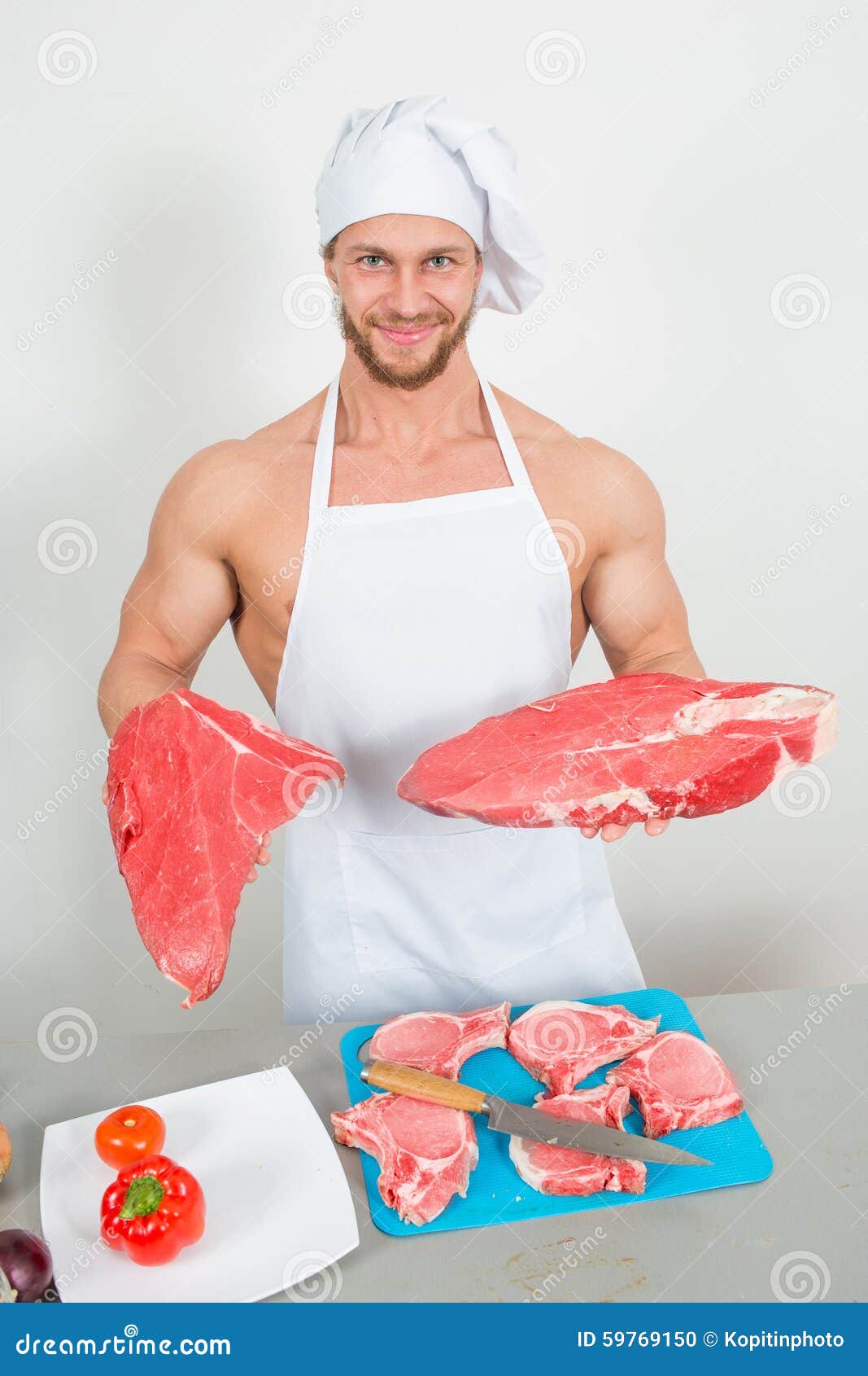 Chef Bodybuilder Preparing Large Chunks of Raw Stock Photo - Image of ...
