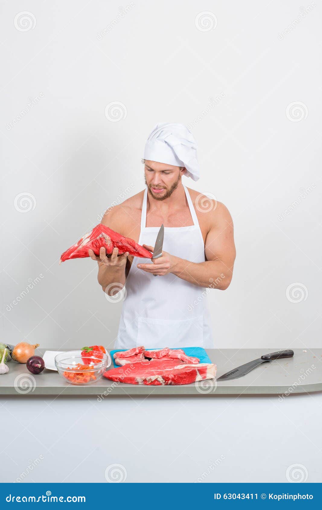 Chef Bodybuilder Preparing Large Chunks of Raw Stock Image - Image of ...