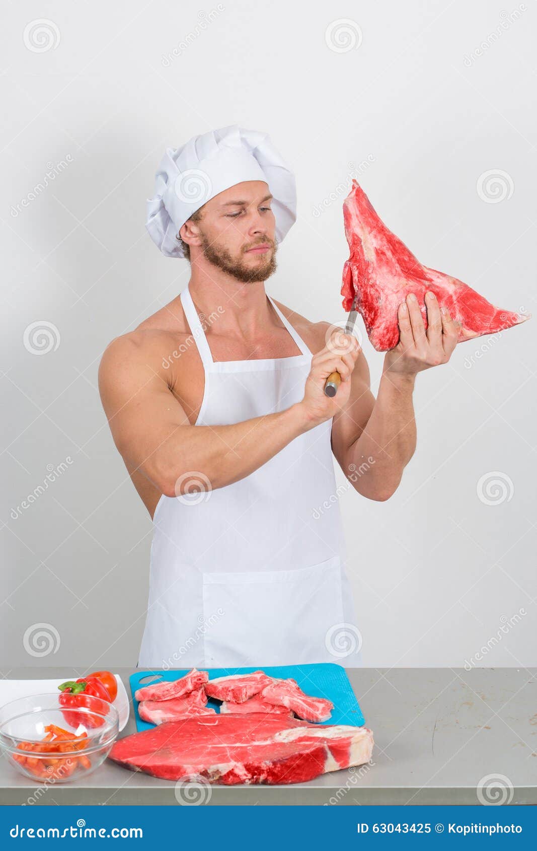 Chef Bodybuilder Preparing Large Chunks of Raw Stock Image - Image of ...