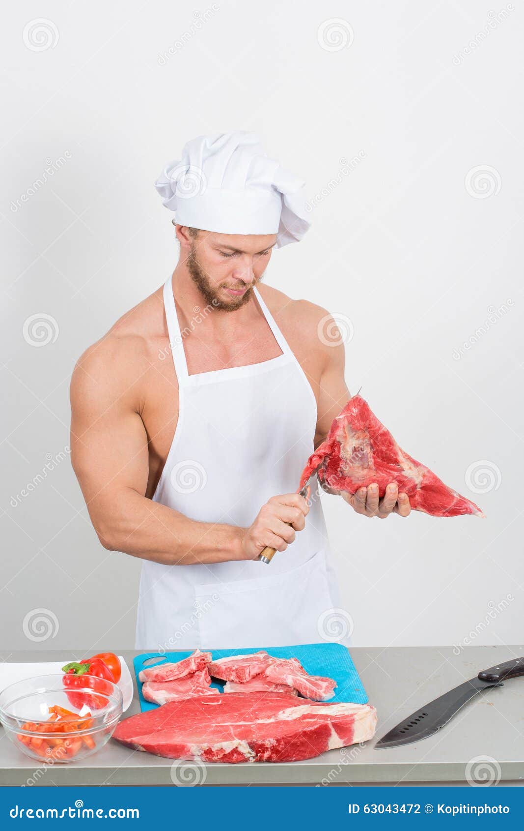 Chef Bodybuilder Preparing Large Chunks of Raw Stock Photo - Image of ...