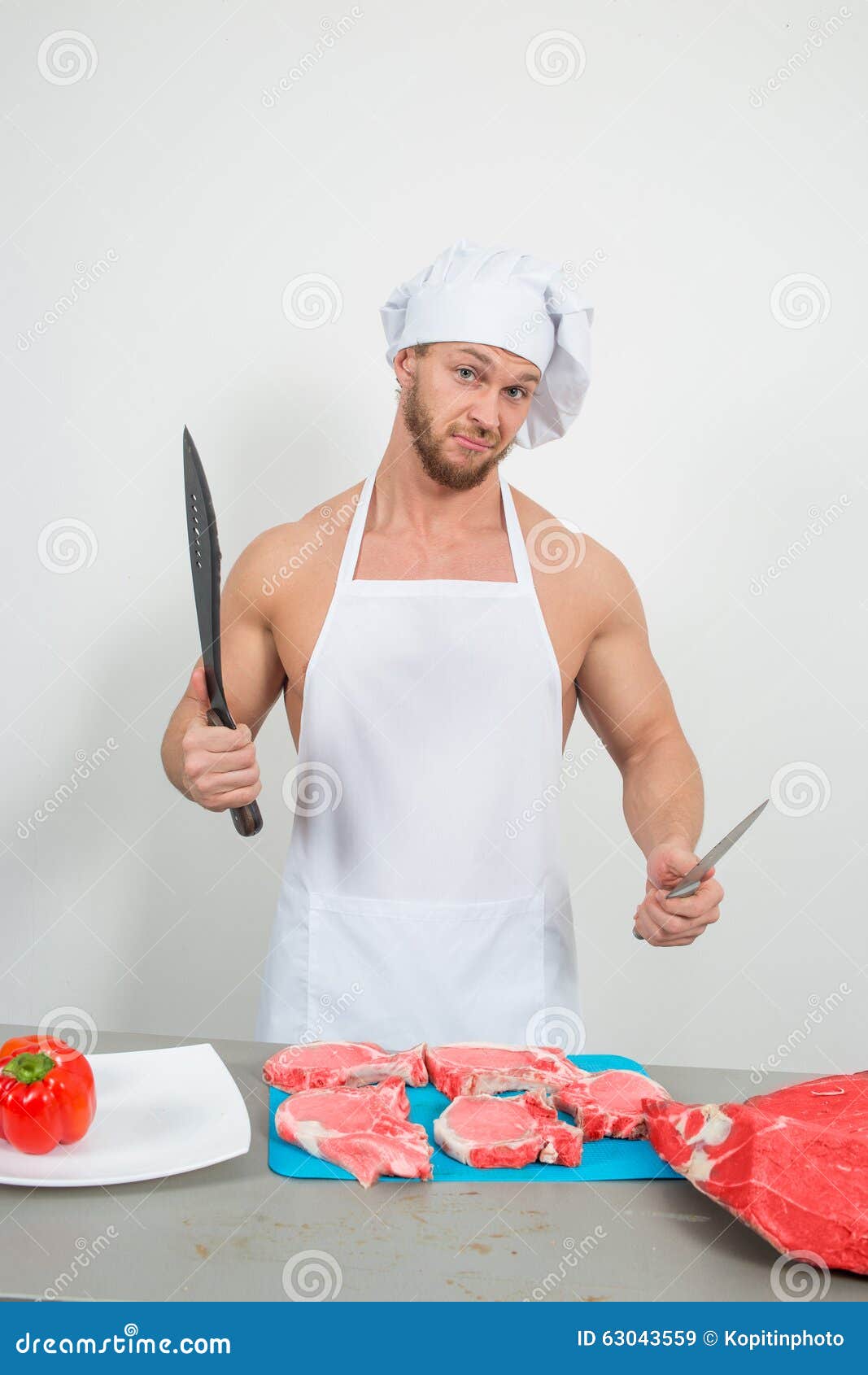 Chef Bodybuilder Preparing Large Chunks of Raw Stock Image - Image of ...