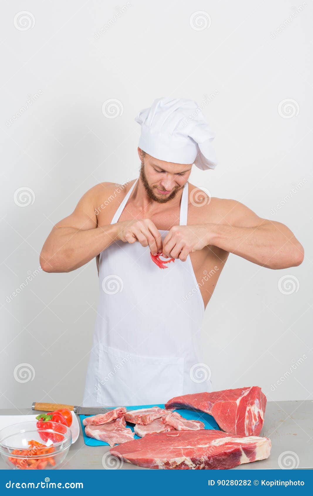Chef Bodybuilder Preparing Large Chunks of Raw Meat. Natural Proteins ...