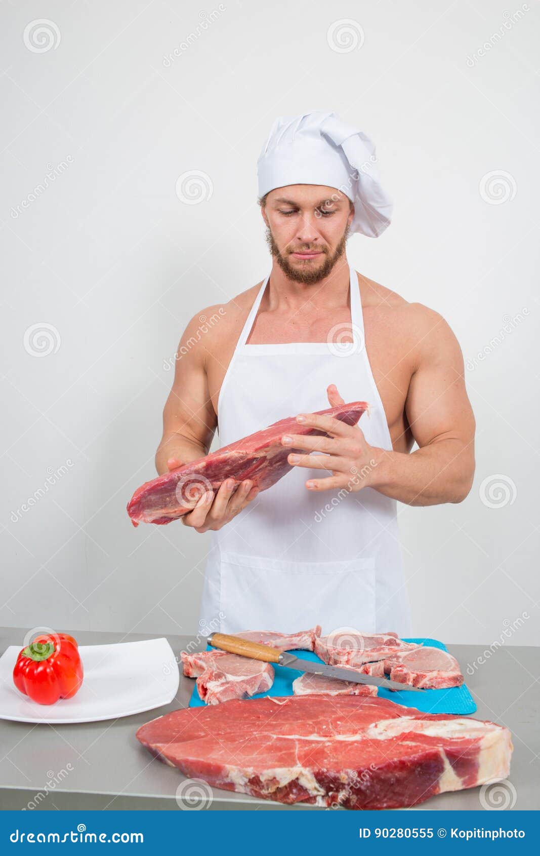 Chef Bodybuilder Preparing Large Chunks of Raw Meat. Natural Proteins ...