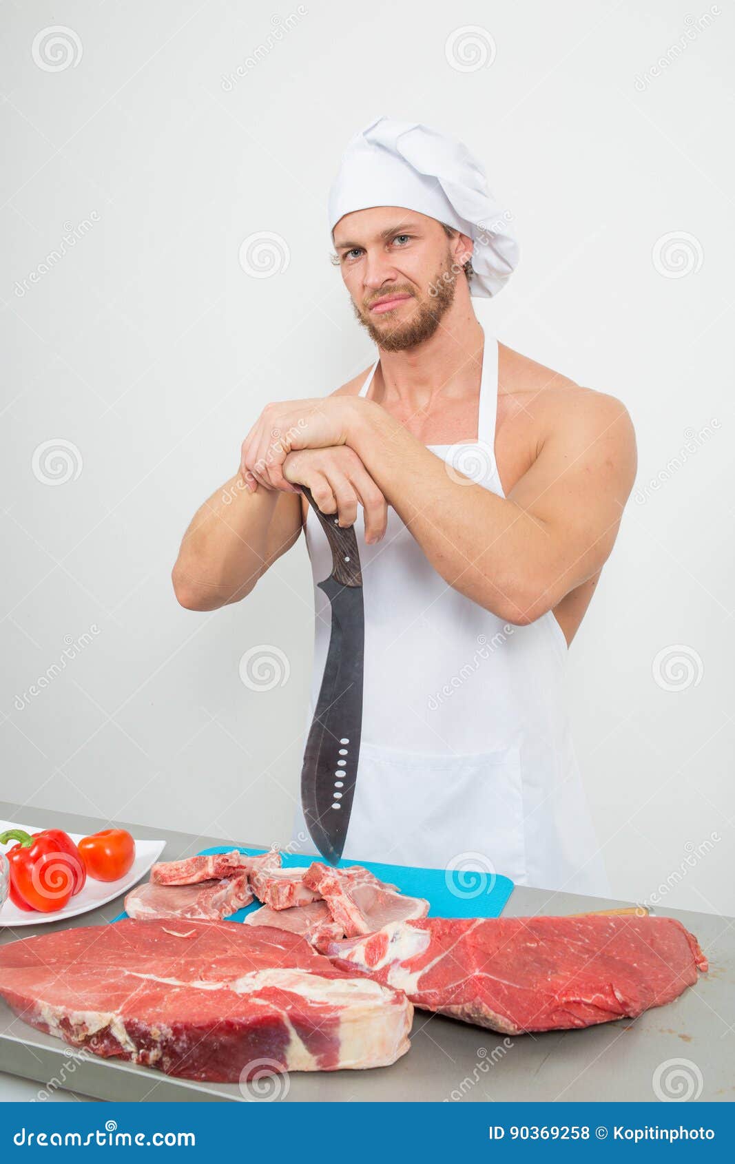 Chef Bodybuilder Preparing Large Chunks of Raw Meat. Natural Proteins ...