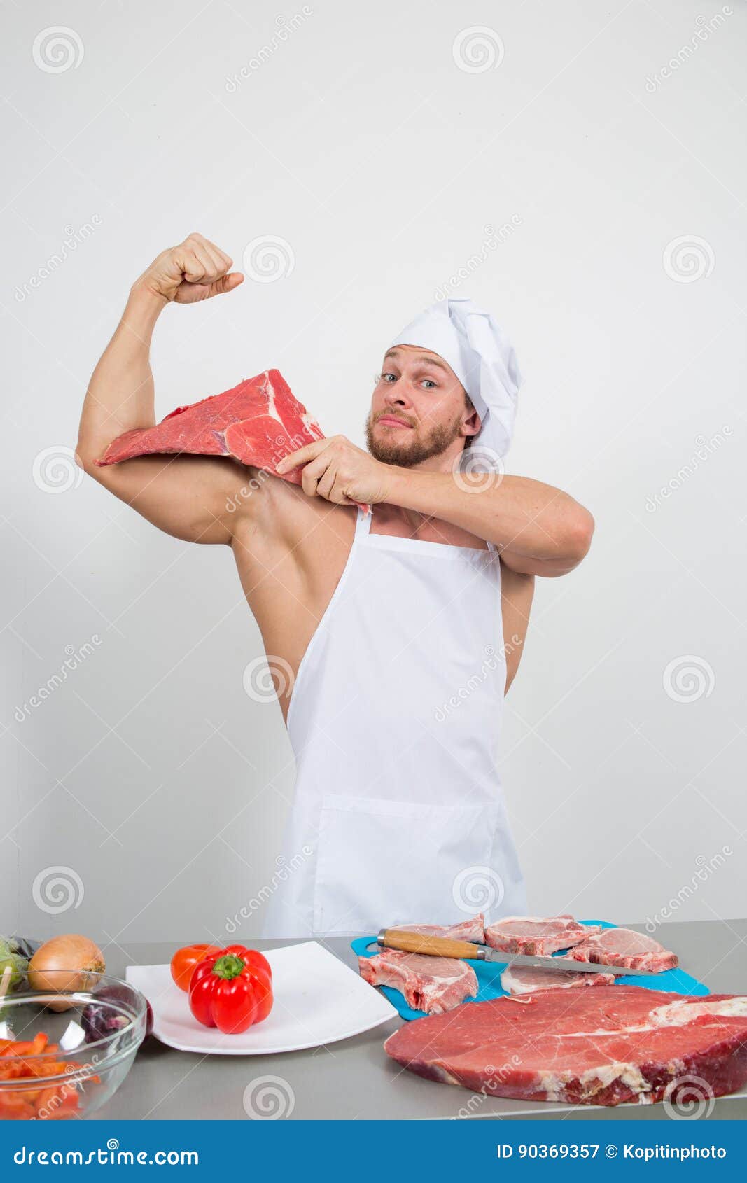 Chef Bodybuilder Preparing Large Chunks of Raw Meat. Natural Proteins ...