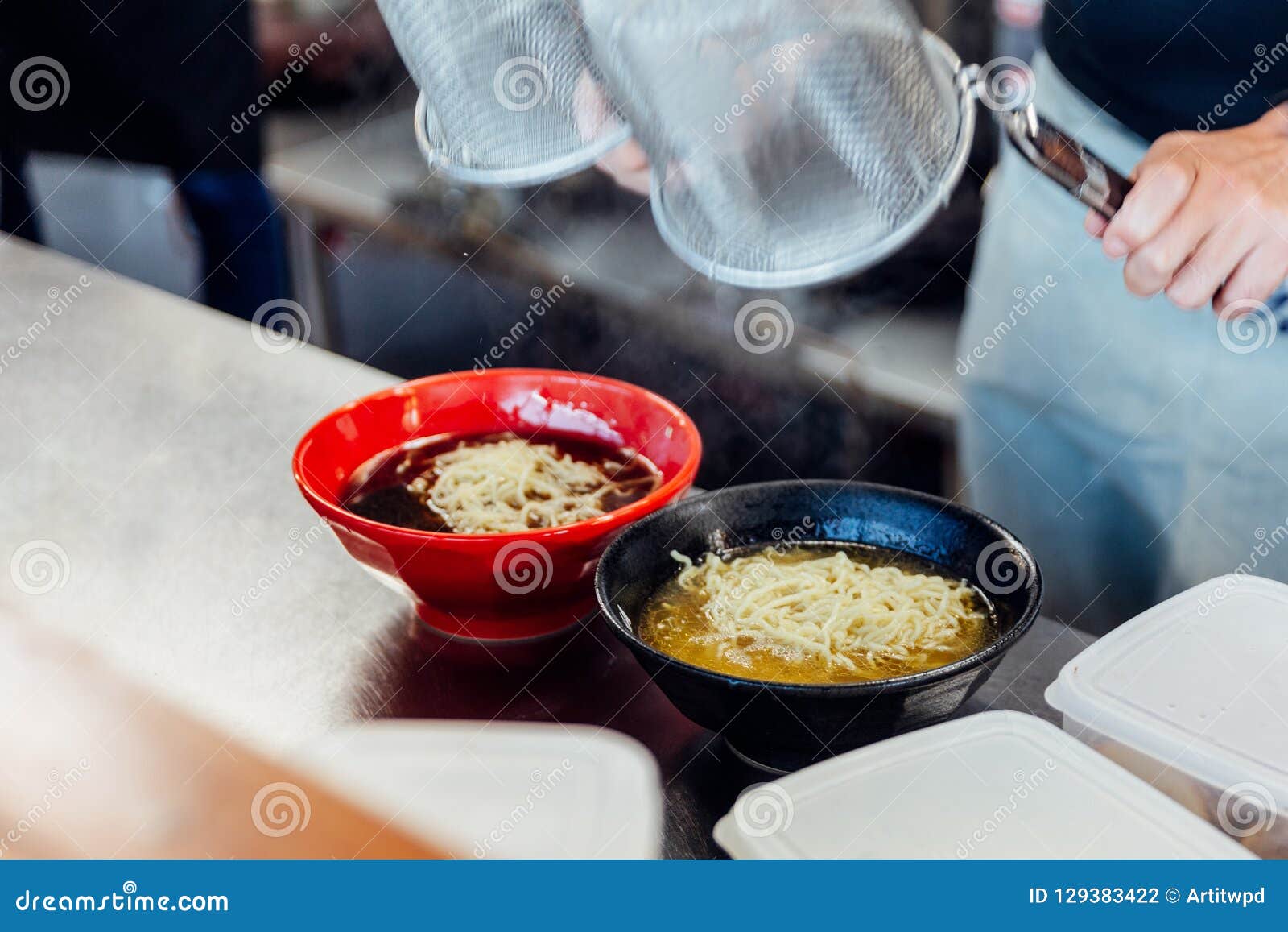 Chef Boiling Ramen Noodle in Soup for Making Miso and Shoyu Ramen Stock ...