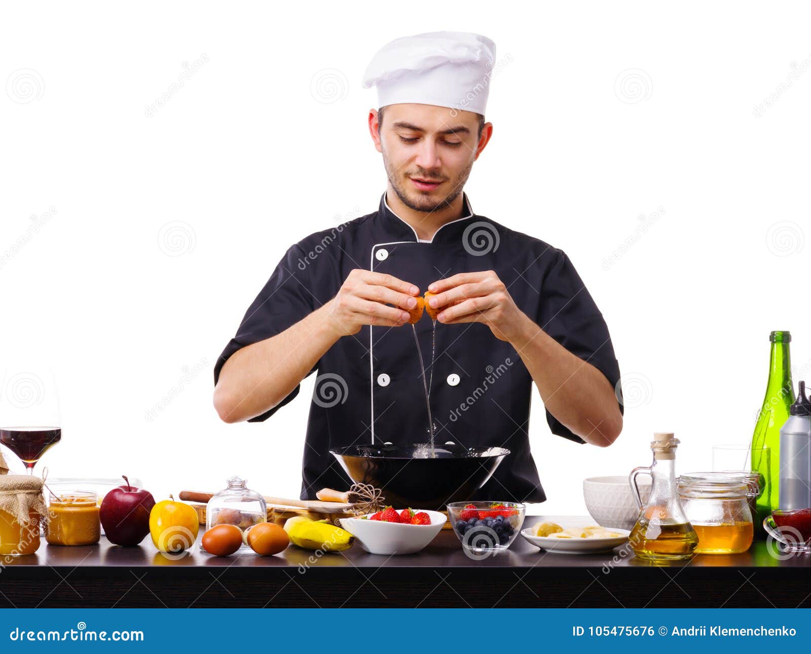 Chef Breaks Eggs in Bowl on White Isolated Background Stock Photo ...