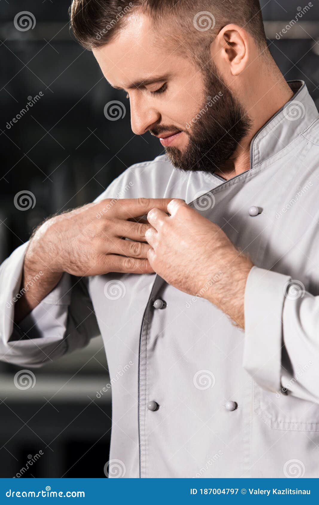 Chef Button Uniform at Kitchen Restaurant. Bearded Chef at Uniform ...