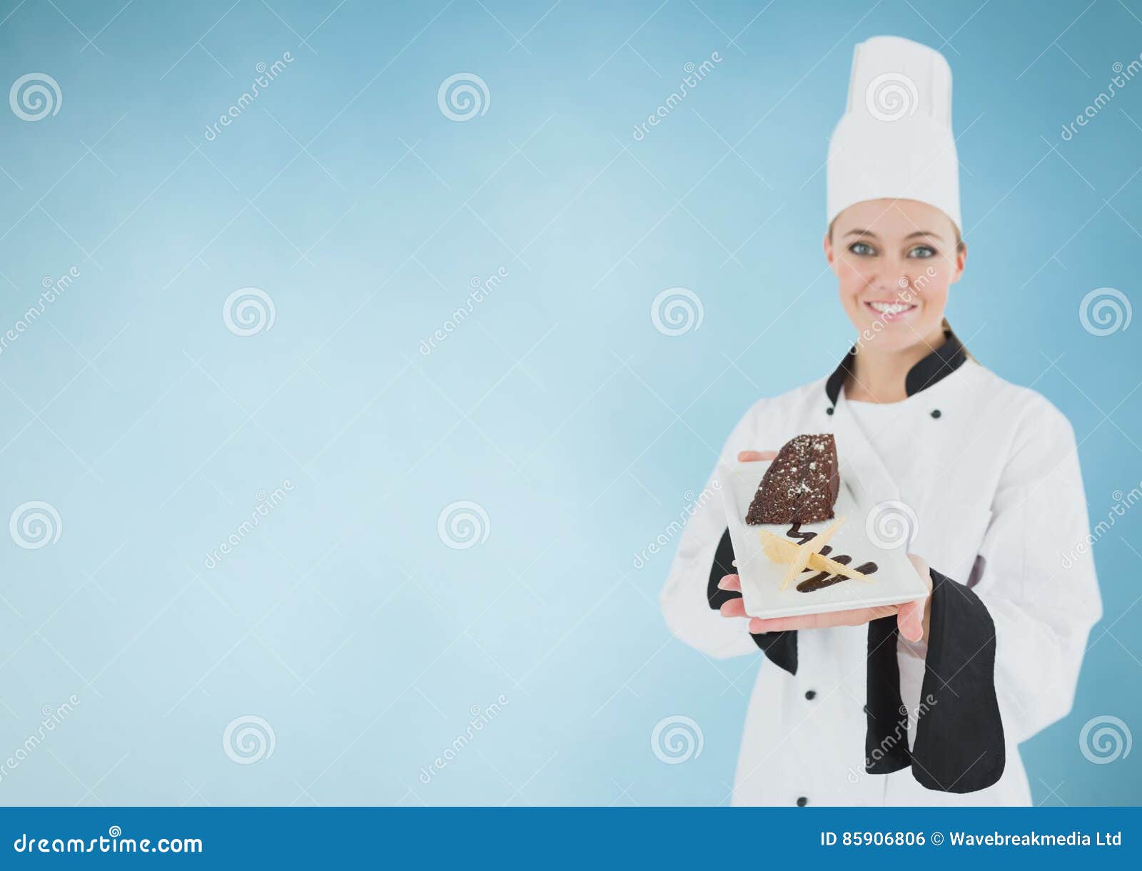 Chef with Cake Slice Against Blue Background Stock Illustration ...
